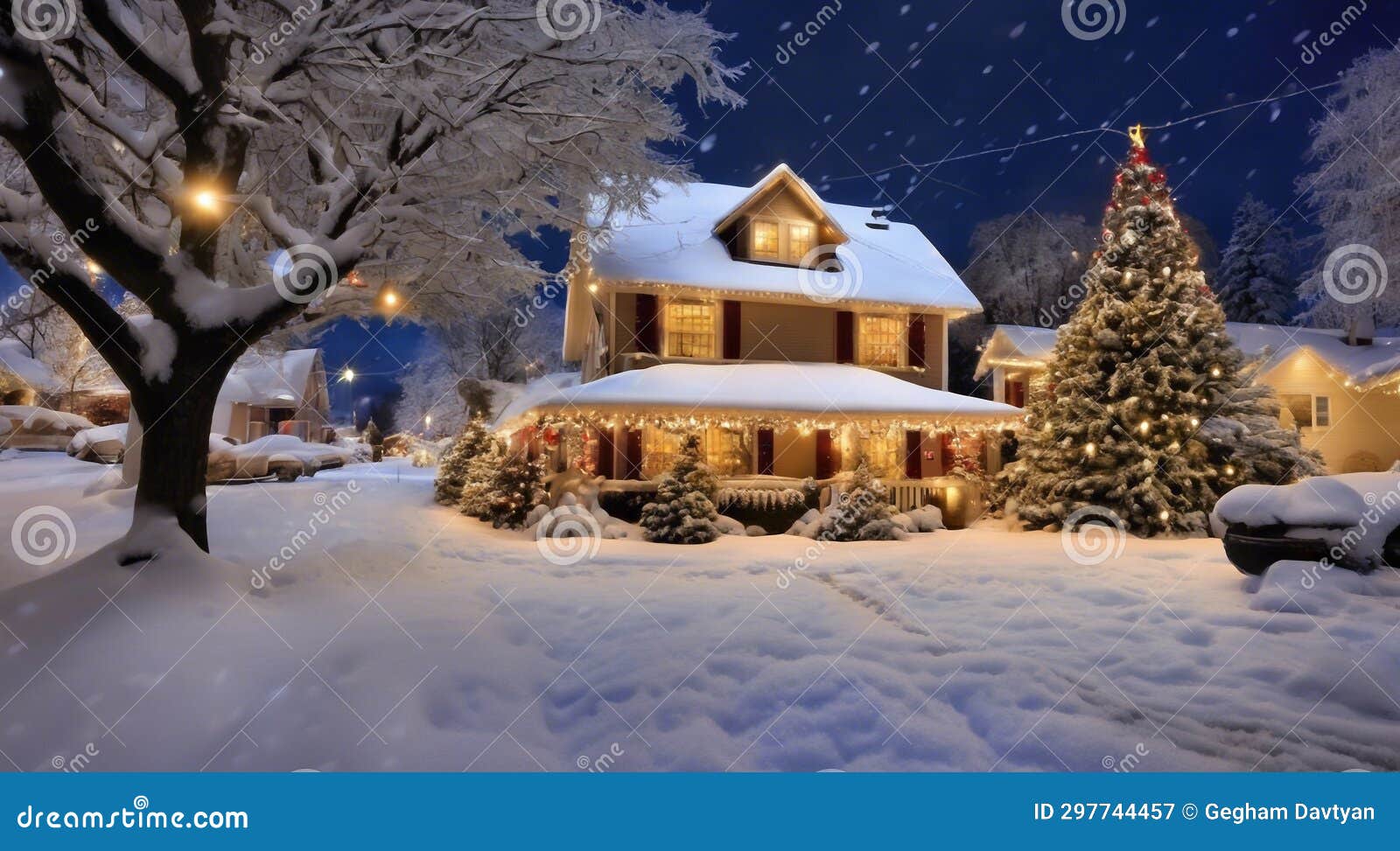 Christmas Scene with Christmas Decorations, Snow on the Houses ...