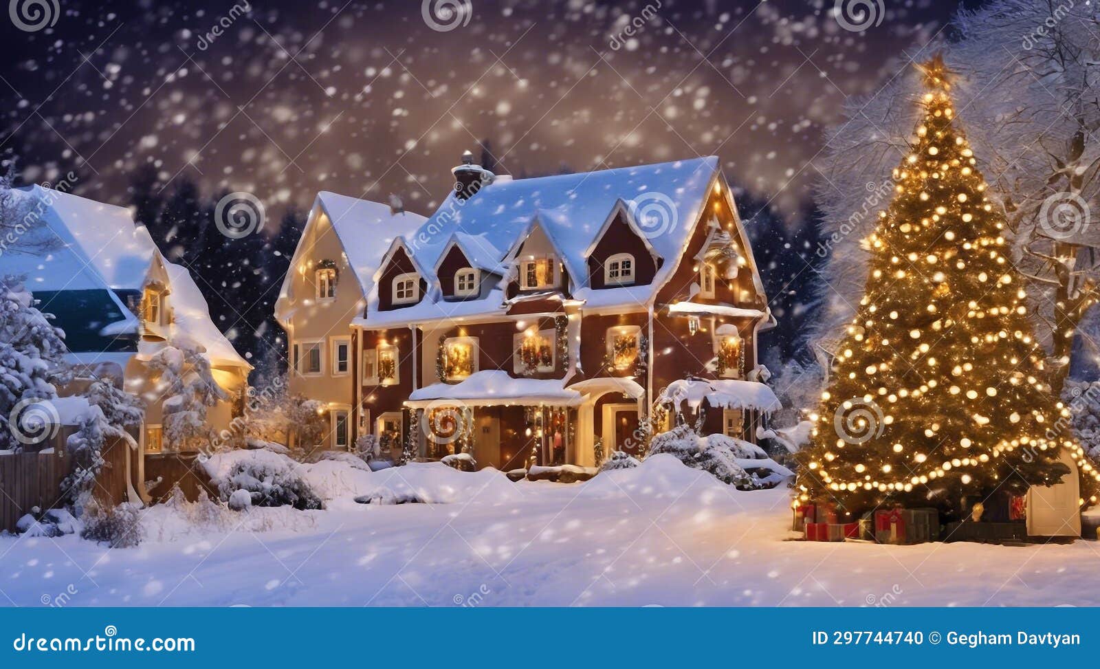 Christmas Scene with Christmas Decorations, Snow on the Houses ...