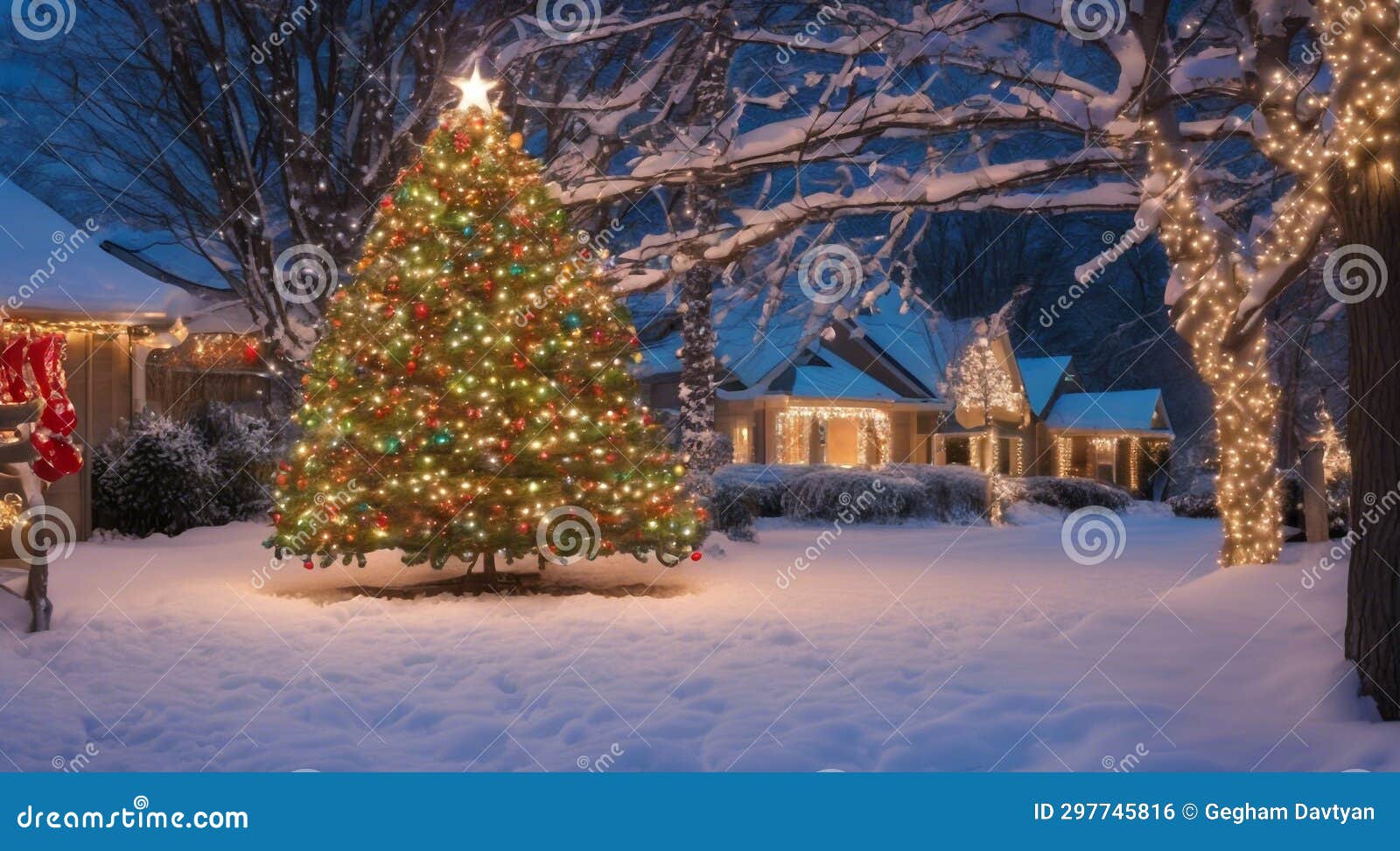 Christmas Scene with Christmas Decorations, Snow on the Houses ...