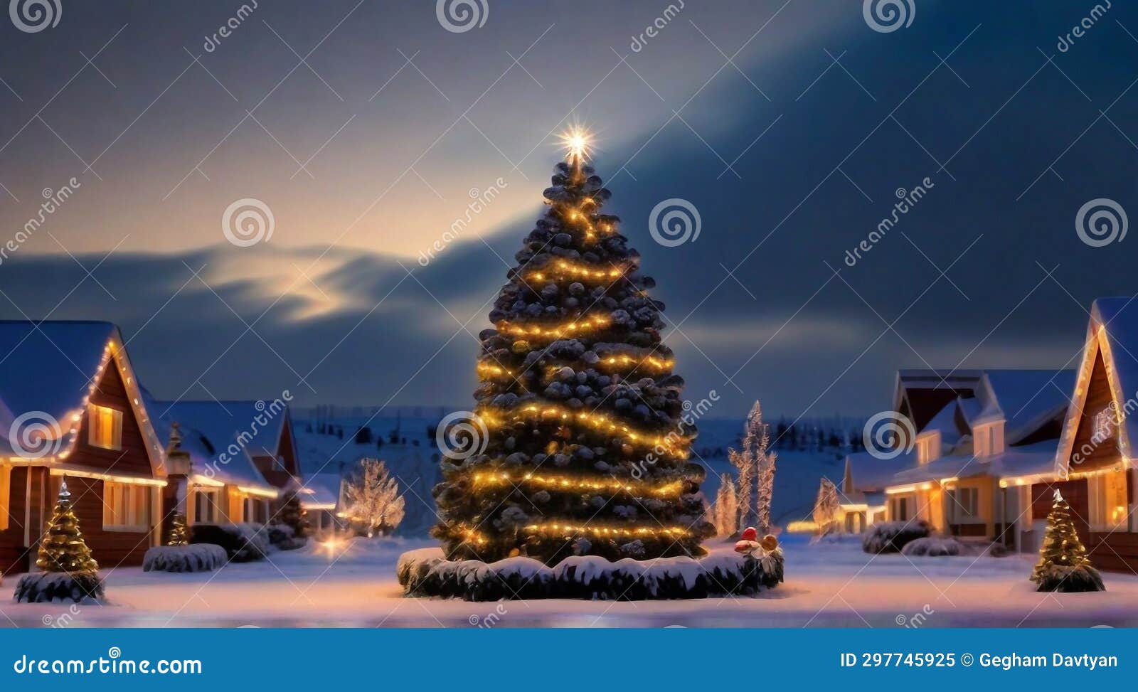 Christmas Scene with Christmas Decorations, Snow on the Houses ...