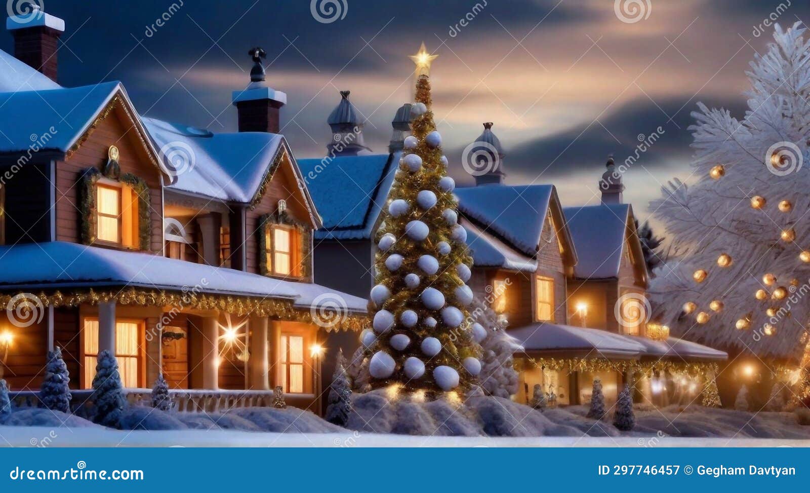 Christmas Scene with Christmas Decorations, Snow on the Houses ...