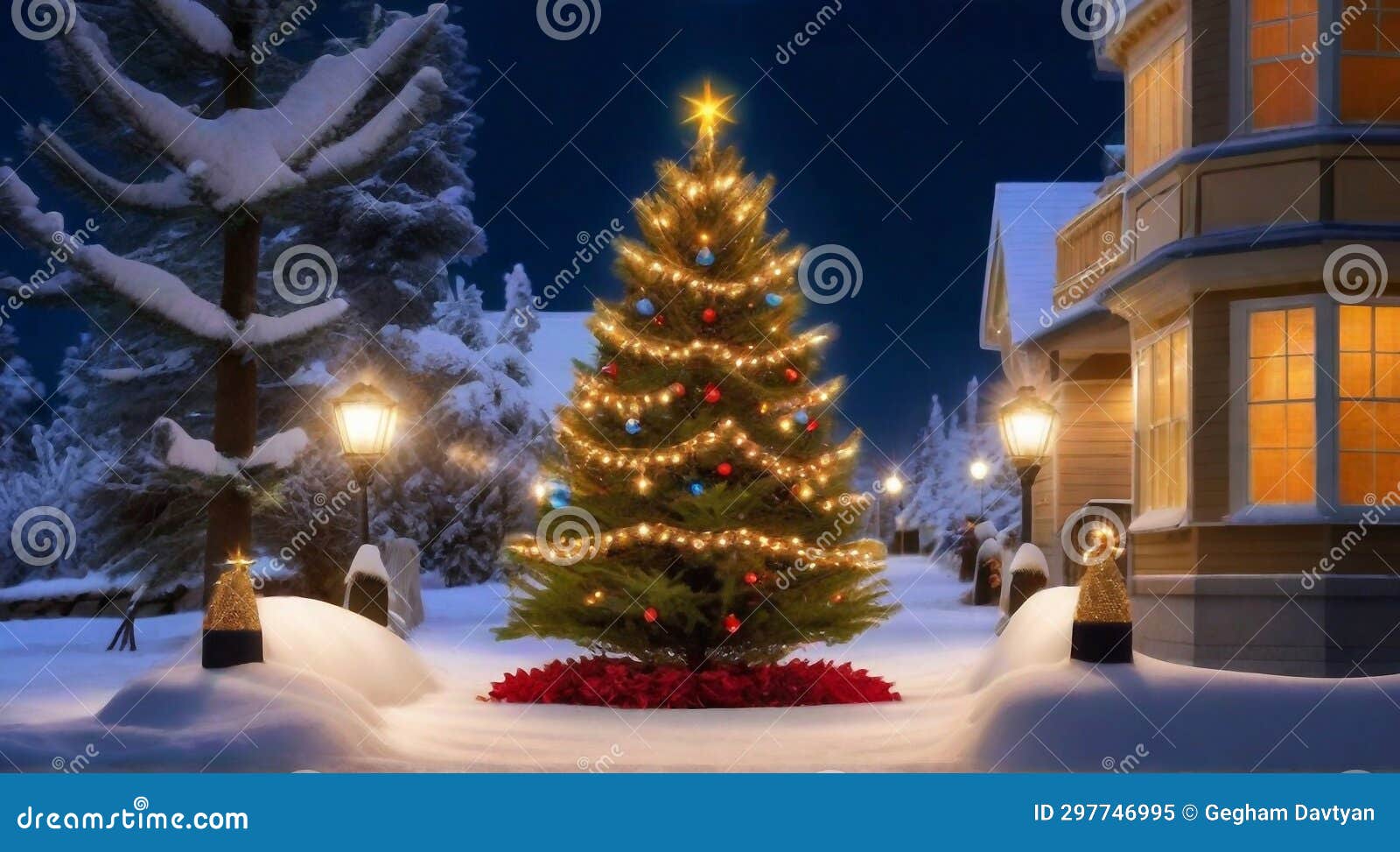 Christmas Scene with Christmas Decorations, Snow on the Houses ...