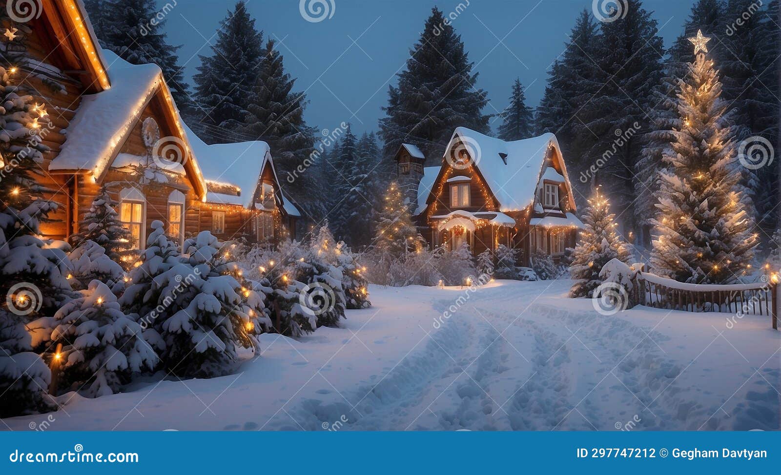 Christmas Scene with Christmas Decorations, Snow on the Houses ...