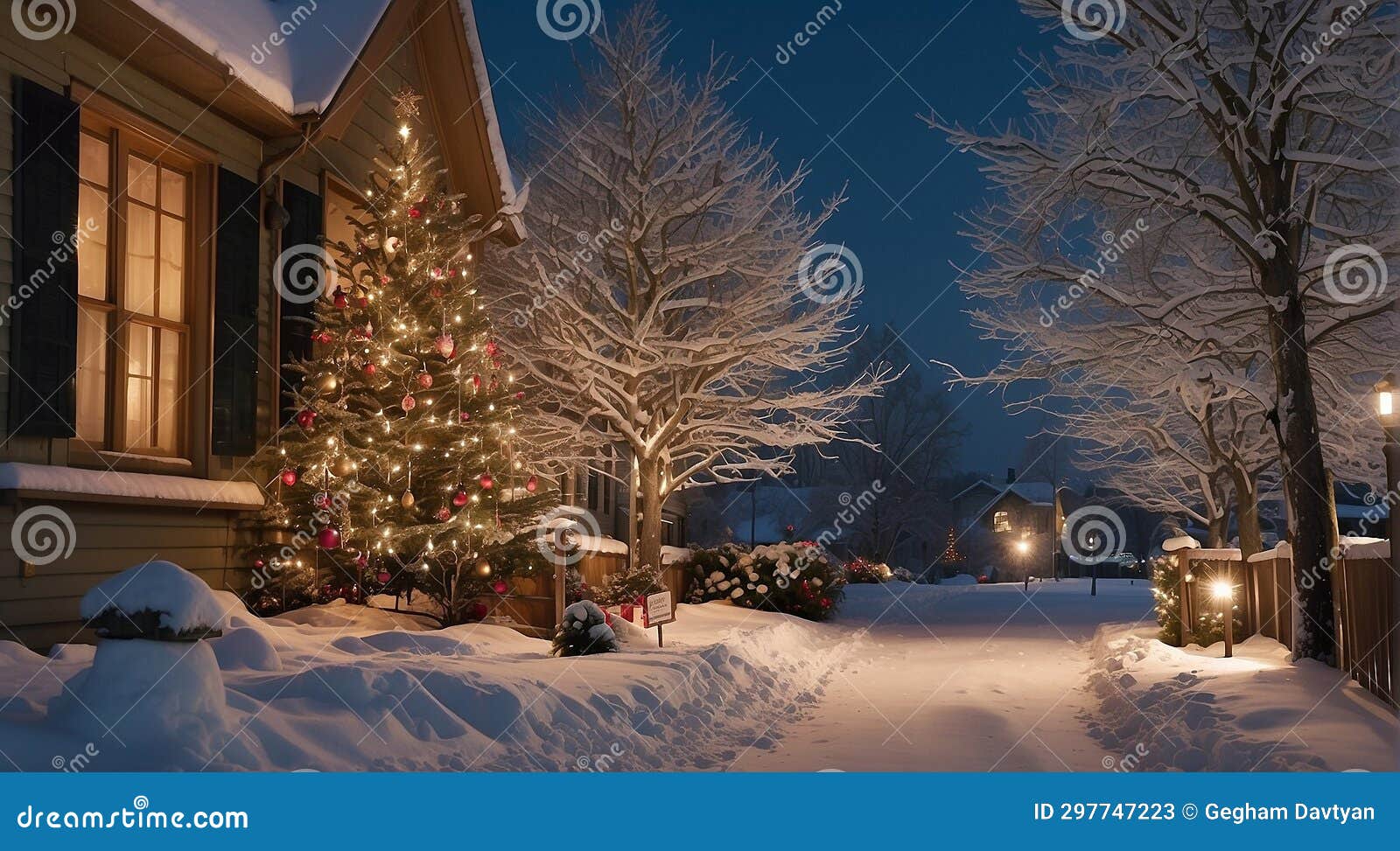 Christmas Scene with Christmas Decorations, Snow on the Houses ...