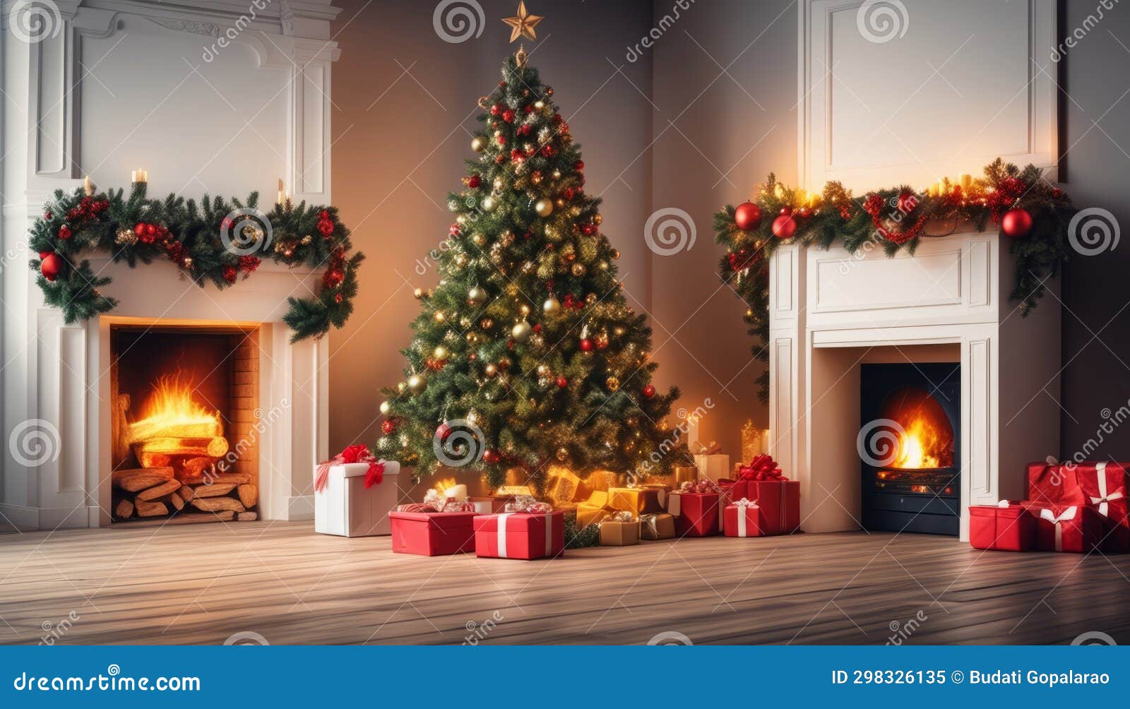 A Christmas Scene with a Fireplace and a Lit Christmas Tree Stock Image ...