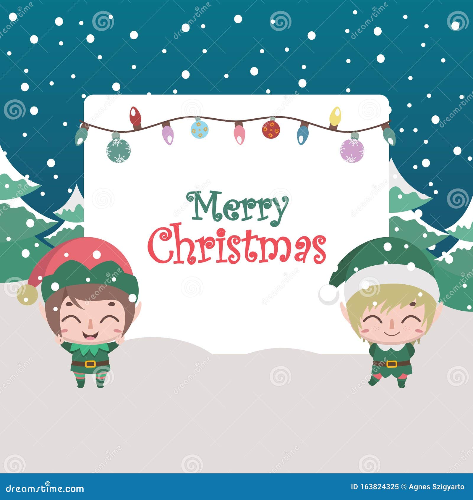 Christmas Scene Greeting with Cute Elves and Text Stock Vector ...