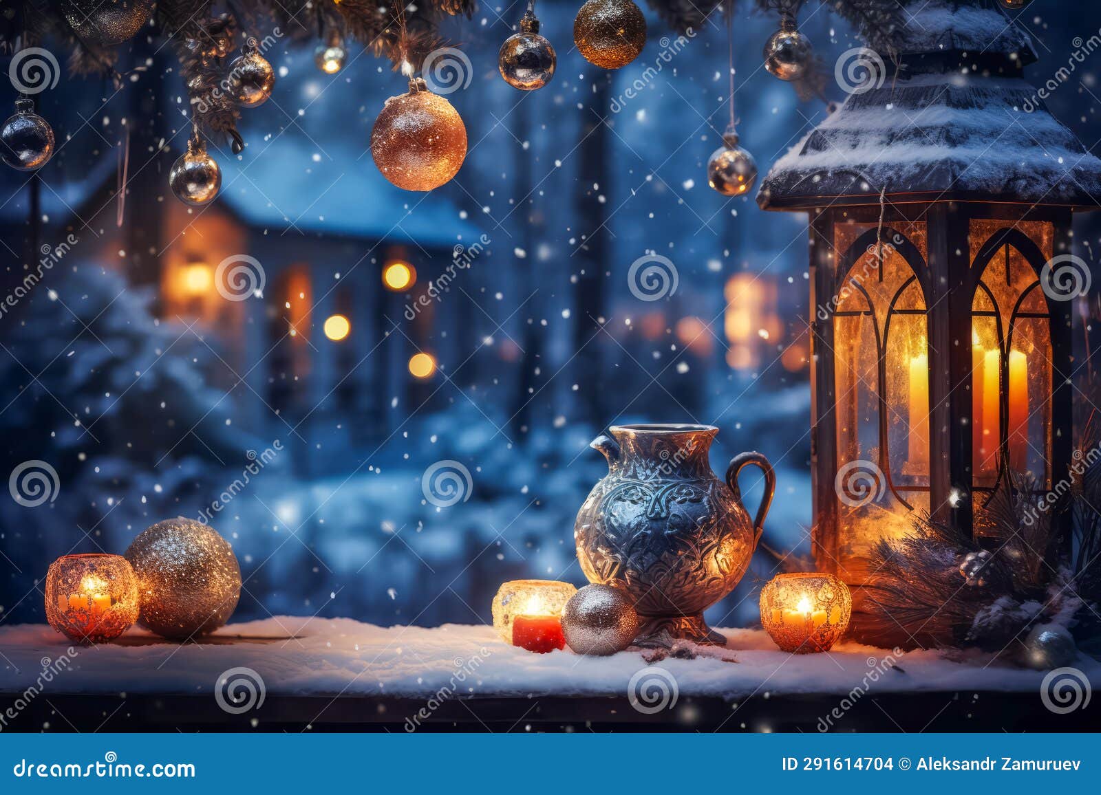 Christmas Scene with a Lantern, Trees and Blurred Lights Background ...
