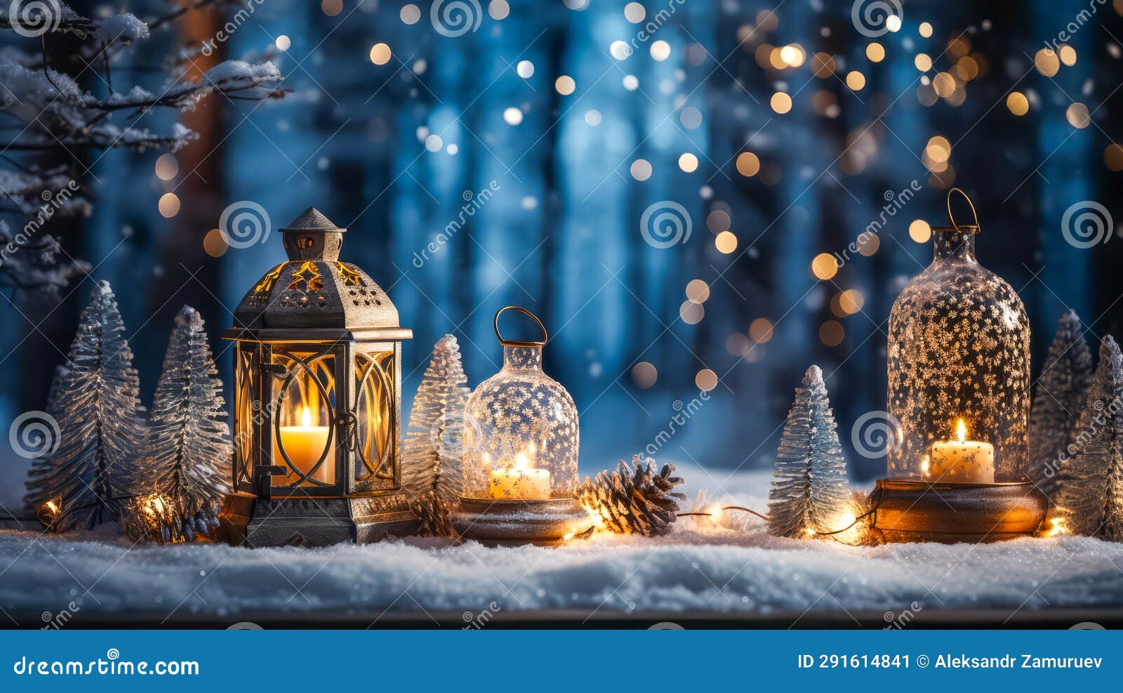 Christmas Scene with a Lantern, Trees and Blurred Lights Background ...
