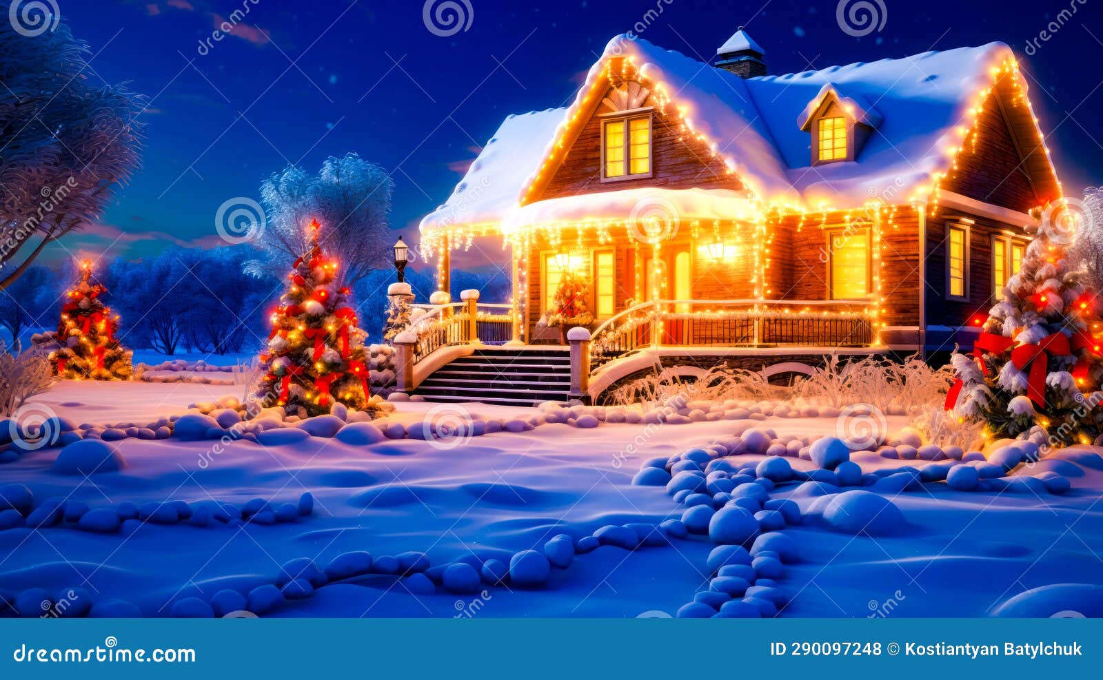 Christmas Scene with Lit Up House and Lit Up Christmas Tree. Generative ...