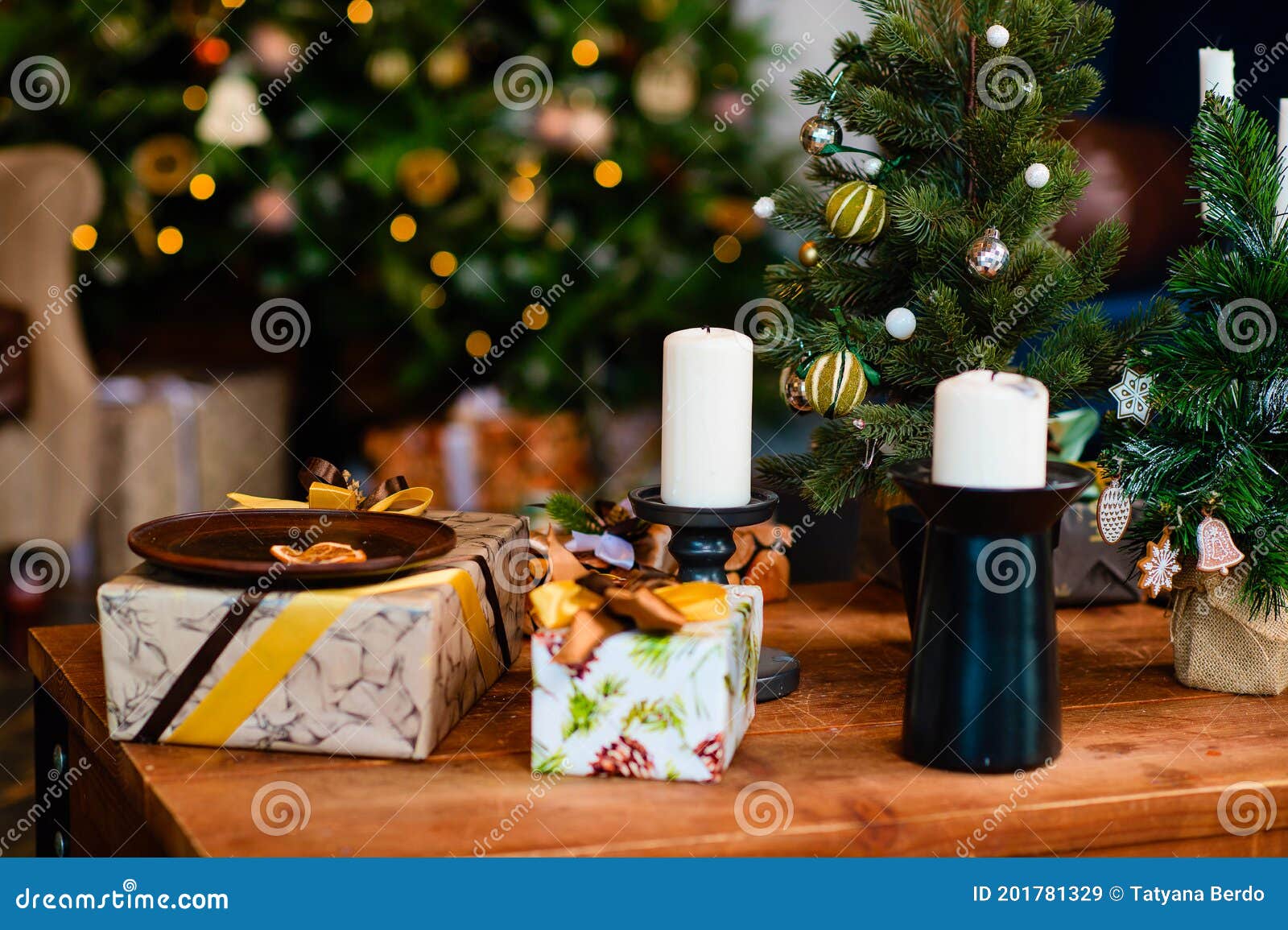Christmas Scene with Tree Gifts and Fire in Background Stock Image ...