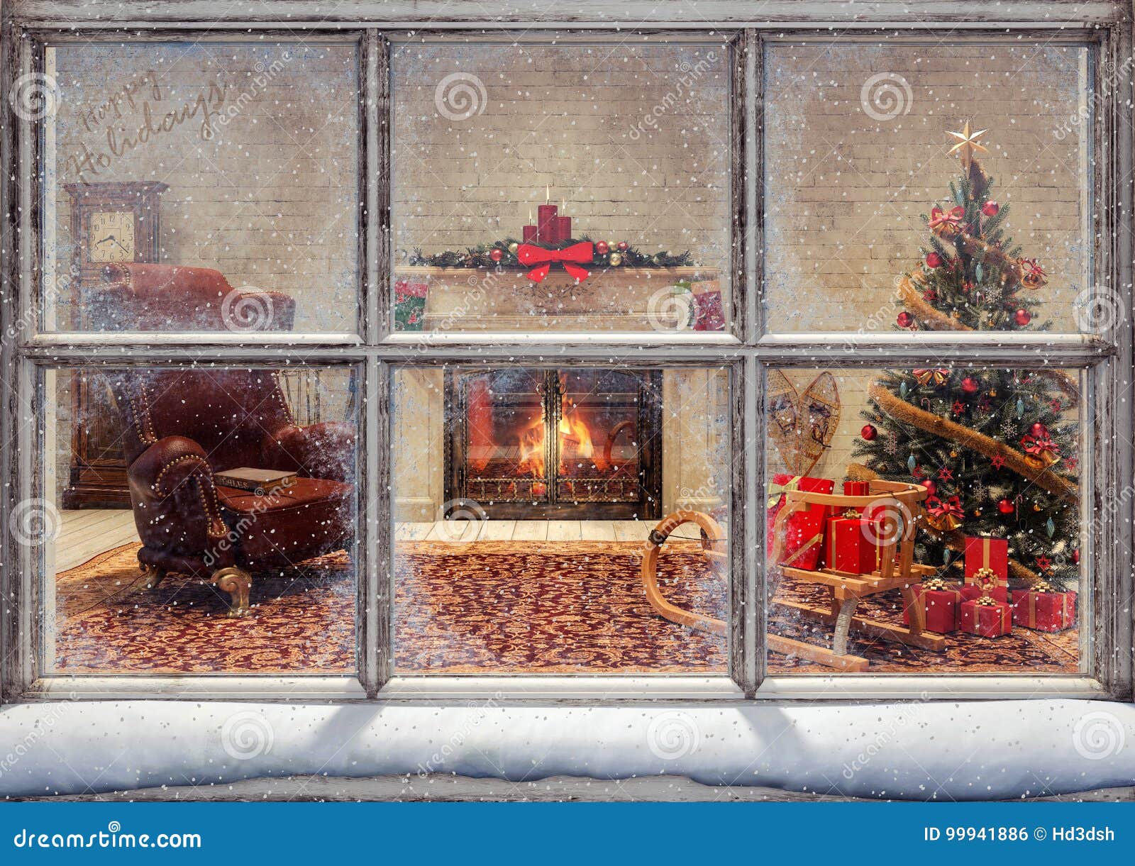 Christmas Scene through Window Stock Illustration - Illustration of ...