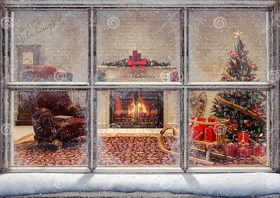 Christmas Scene through Window Stock Illustration - Illustration of ...
