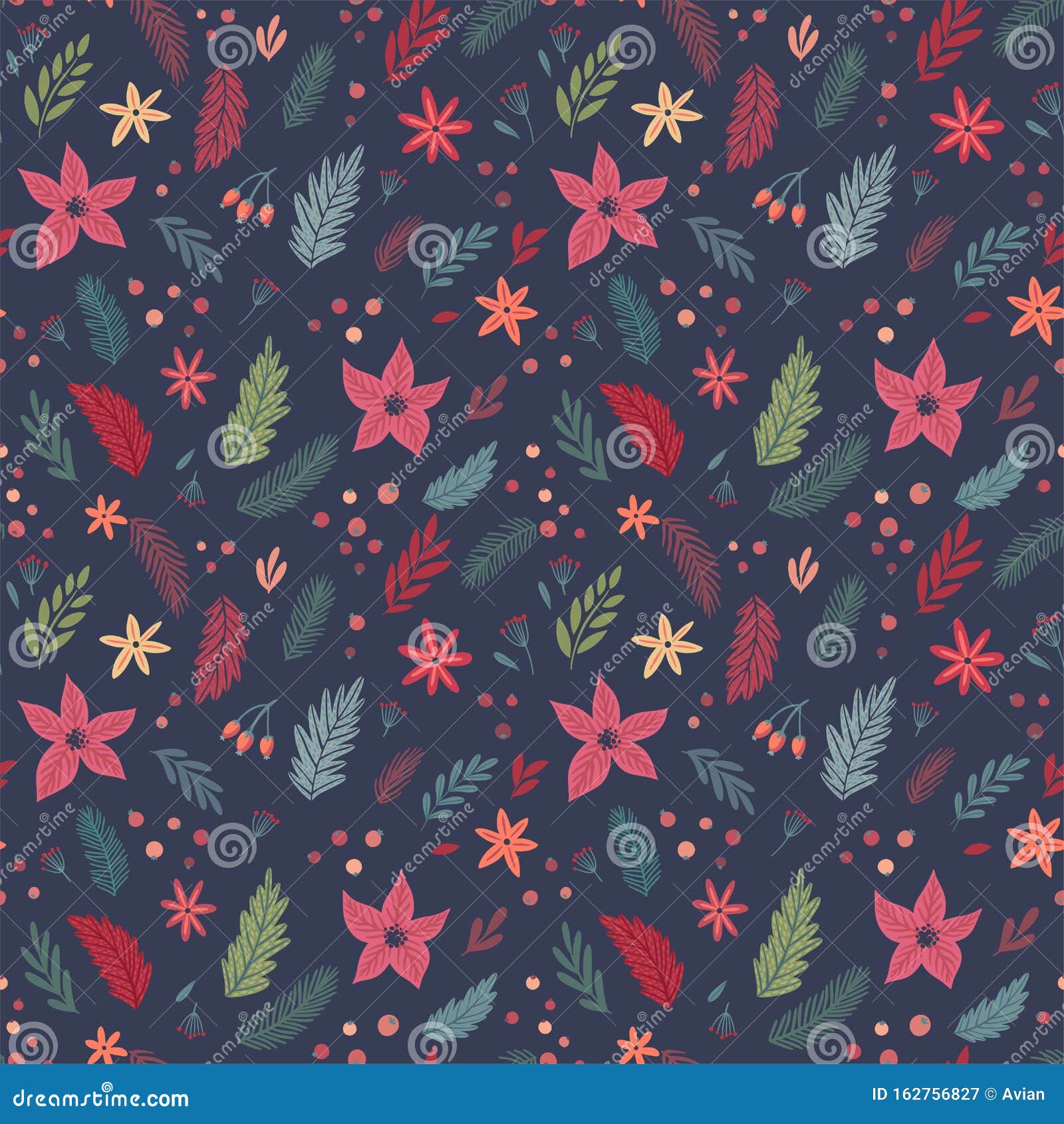 Christmas Seamless Floral Pattern, Hand Drawn Decorative Elements Stock ...