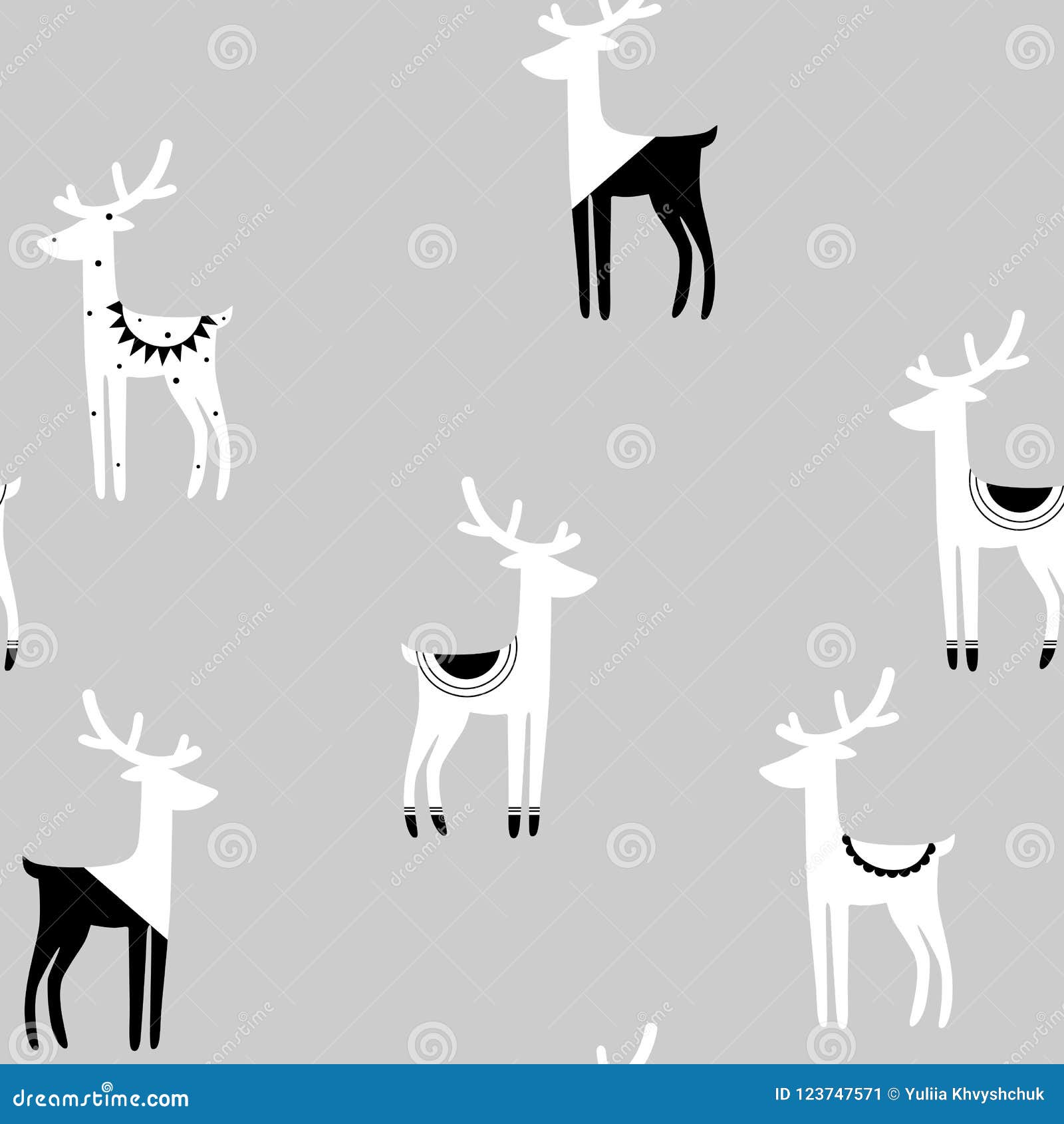 Christmas Seamless Pattern of Black White Deer on Grey Background ...