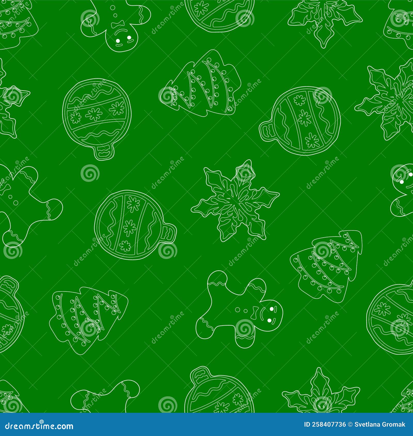 Christmas Seamless Pattern. Contour Images on a Green Background Stock ...