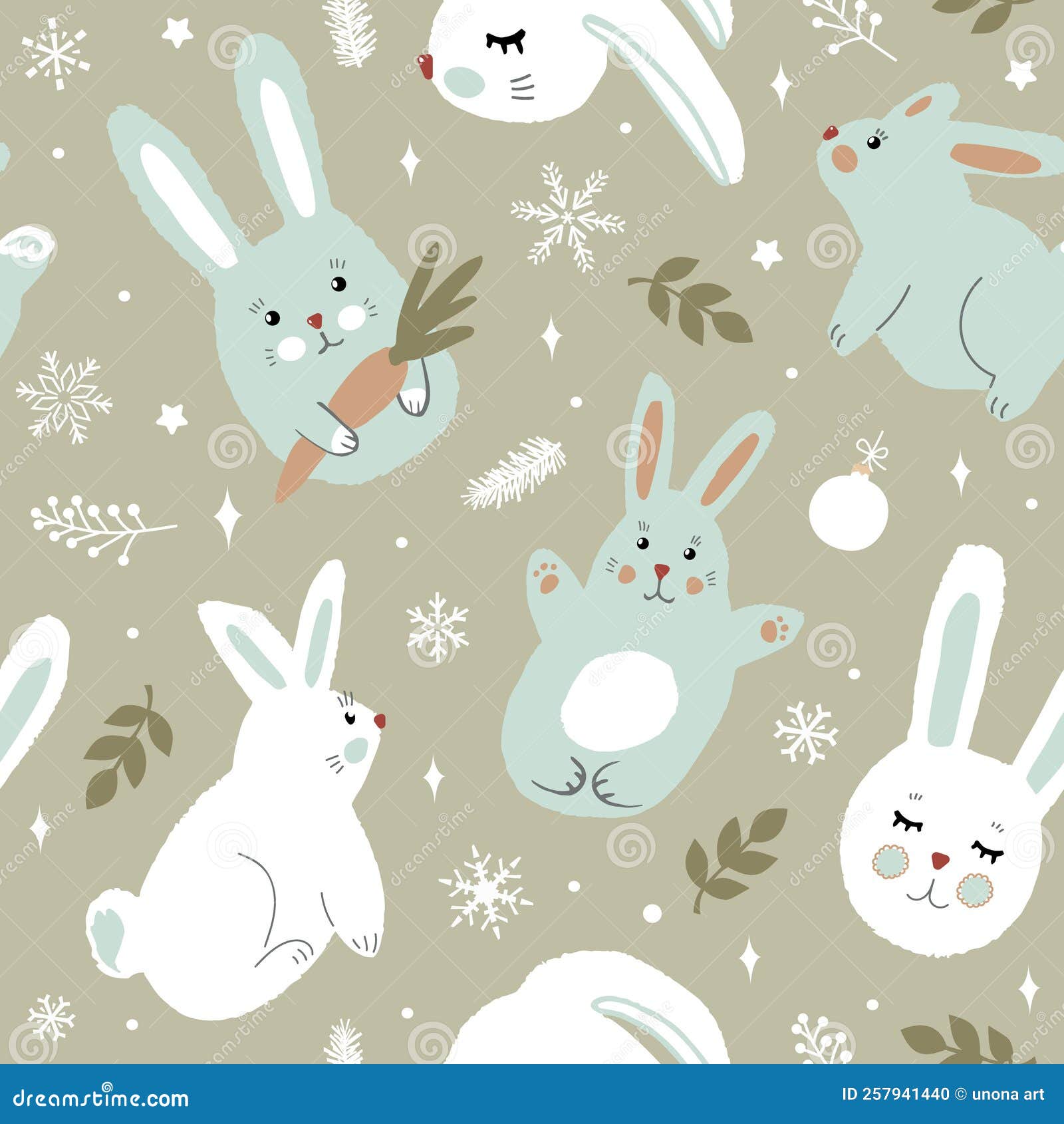 Christmas Seamless Pattern of Cute Bunnies and Snowflakes Stock Vector ...