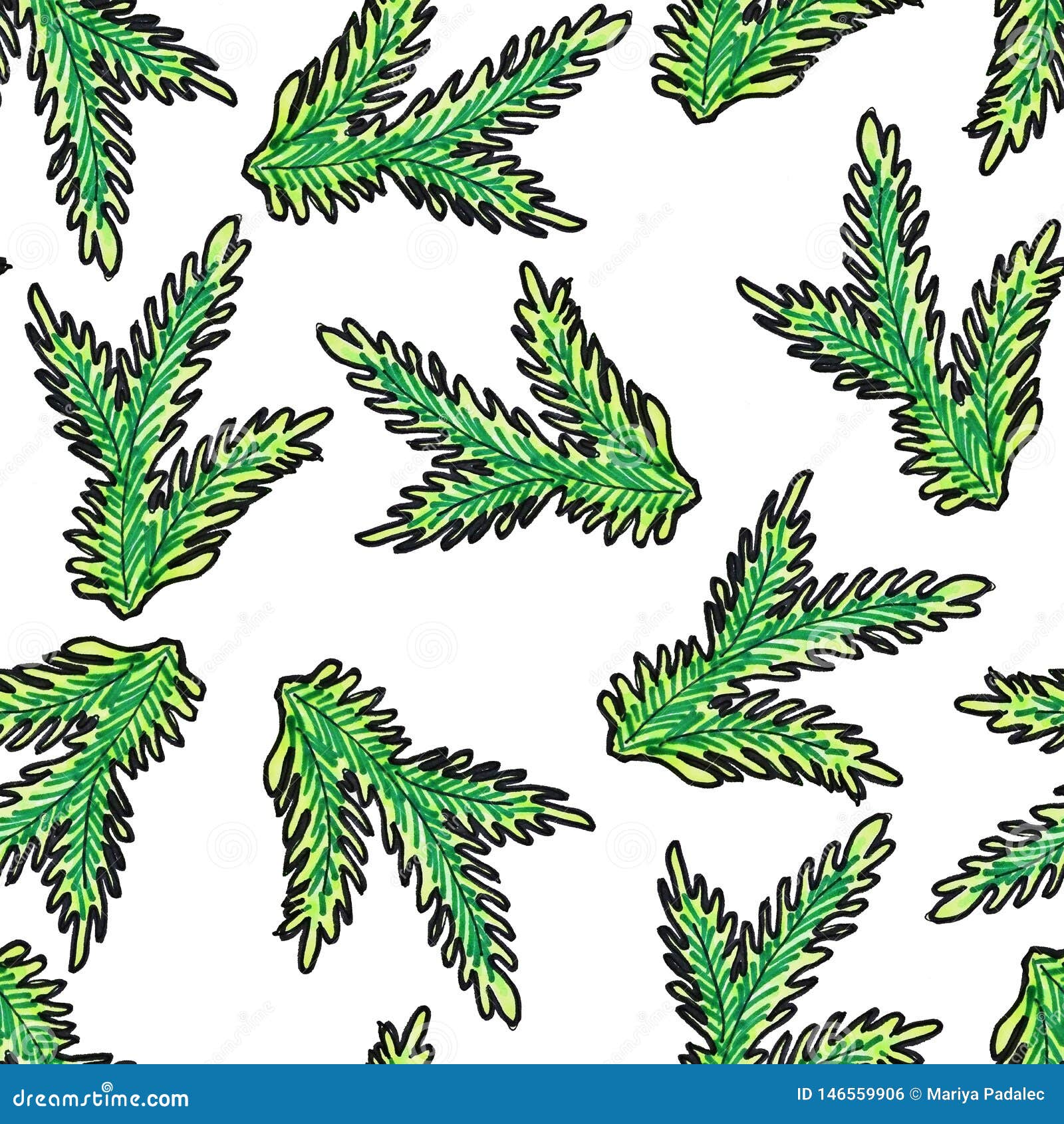 Christmas Seamless Pattern Hand-drawn. Green Branch of the Christmas ...