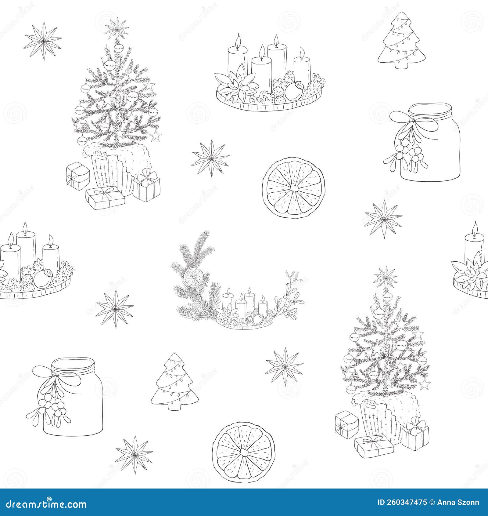 Christmas Seamless Pattern. Line Art Ornament Stock Illustration ...