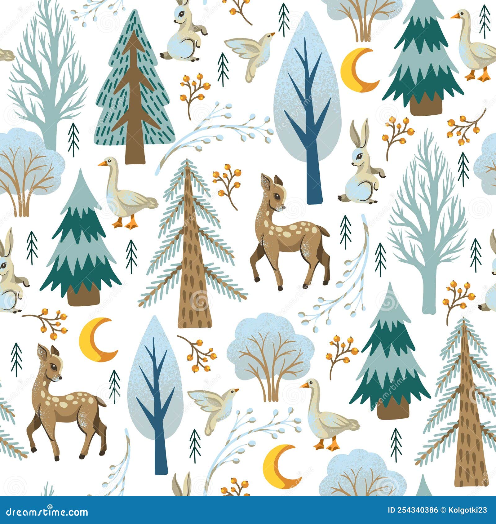 Christmas Seamless Pattern with Rustic Animals, Birds and Trees ...