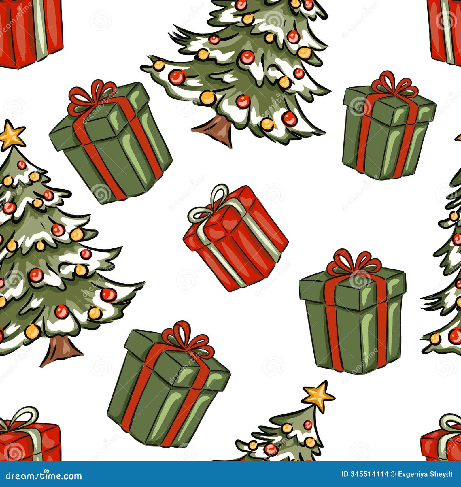 Christmas Seamless Pattern Trees and Gift Boxes on a Cheerful White ...