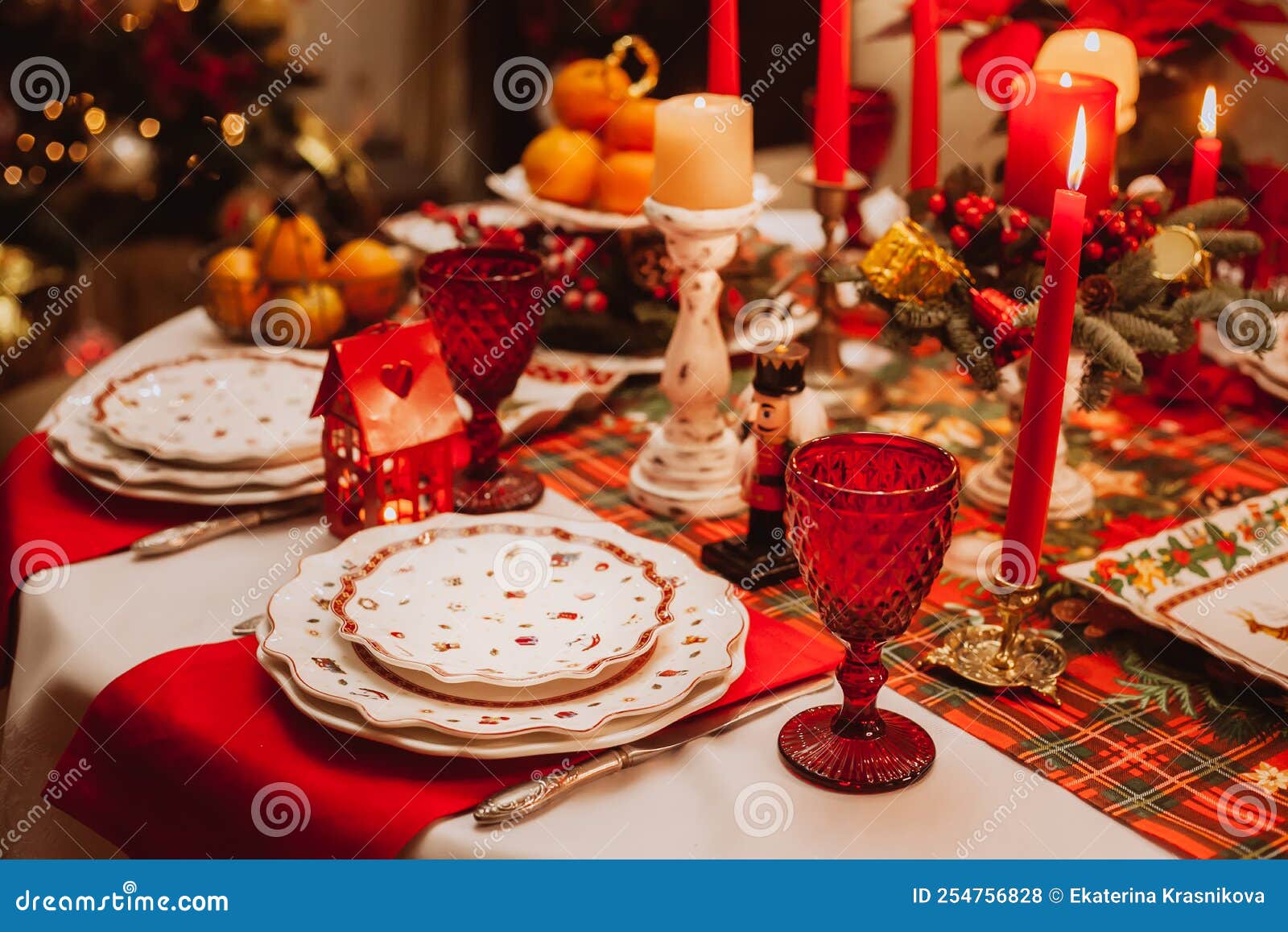 Christmas Serving at Home on the Background of the Christmas Tree Stock ...