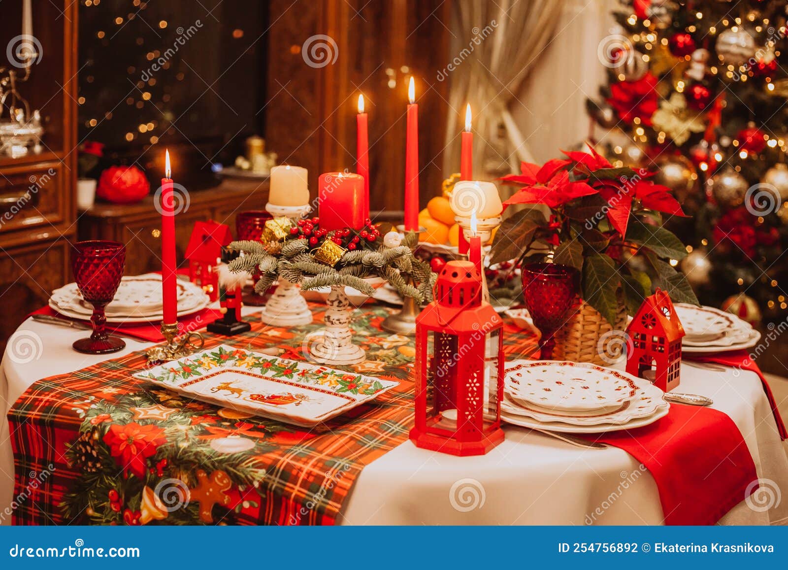 Christmas Serving at Home on the Background of the Christmas Tree Stock ...