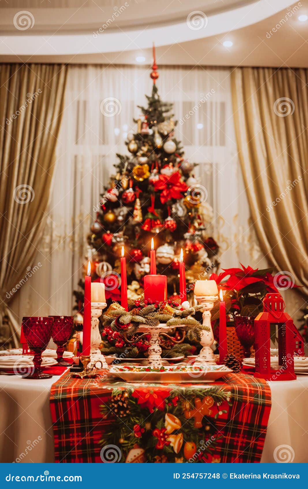 Christmas Serving at Home on the Background of the Christmas Tree Stock ...