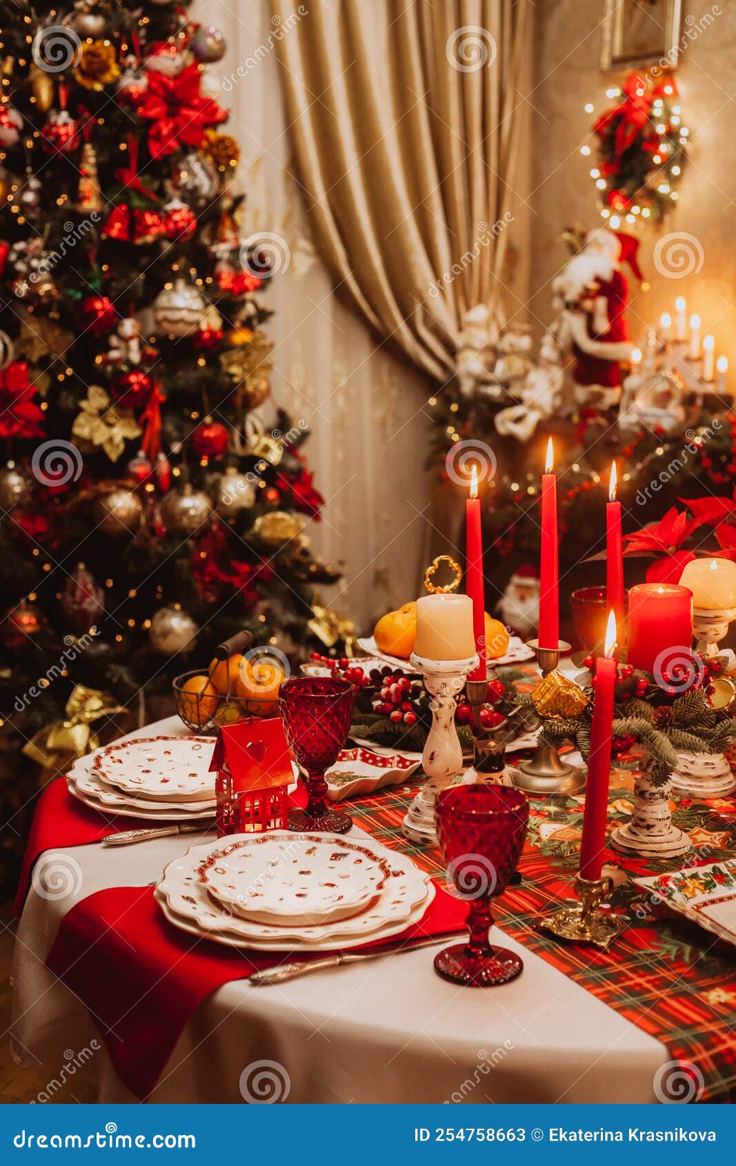 Christmas Serving at Home on the Background of the Christmas Tree Stock ...