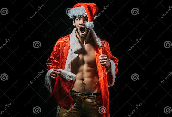Christmas Santa Man Amazed Men In Santa Hat Muscle Man At Xmas Santa