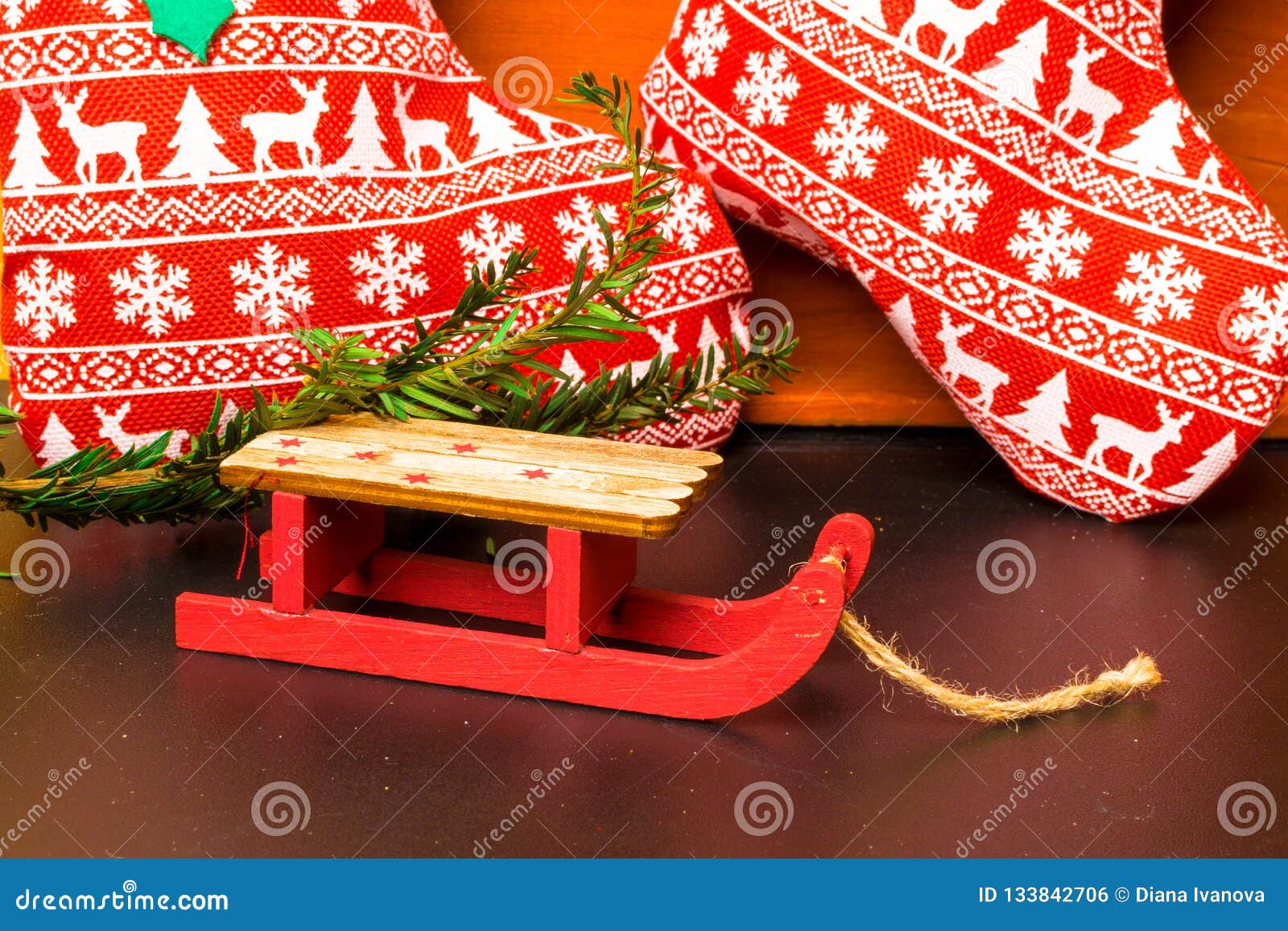 Christmas Sledge with Tree and Santa Socks Stock Photo - Image of white ...