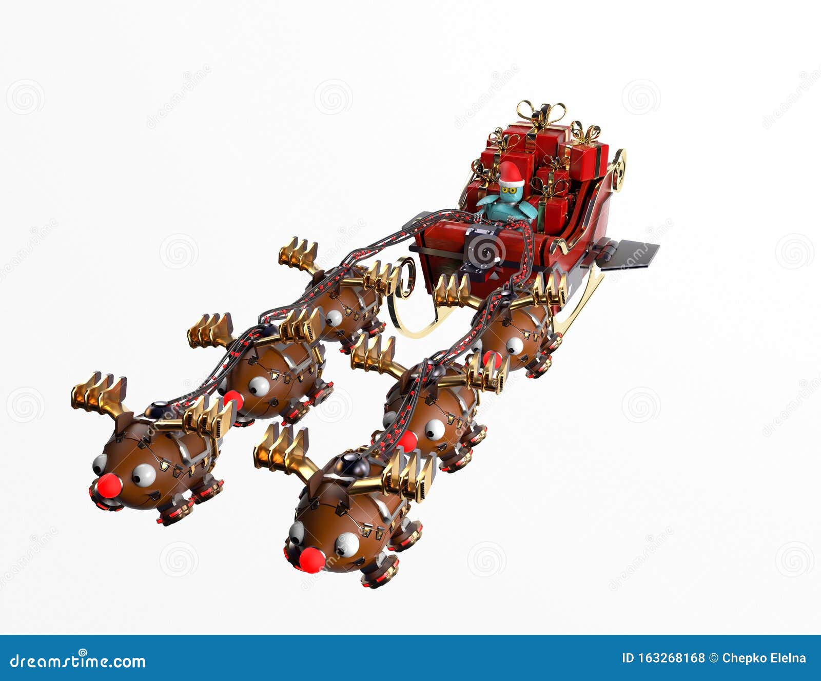 Christmas Sleigh with Six Deer Robots.3d Render Stock Illustration ...
