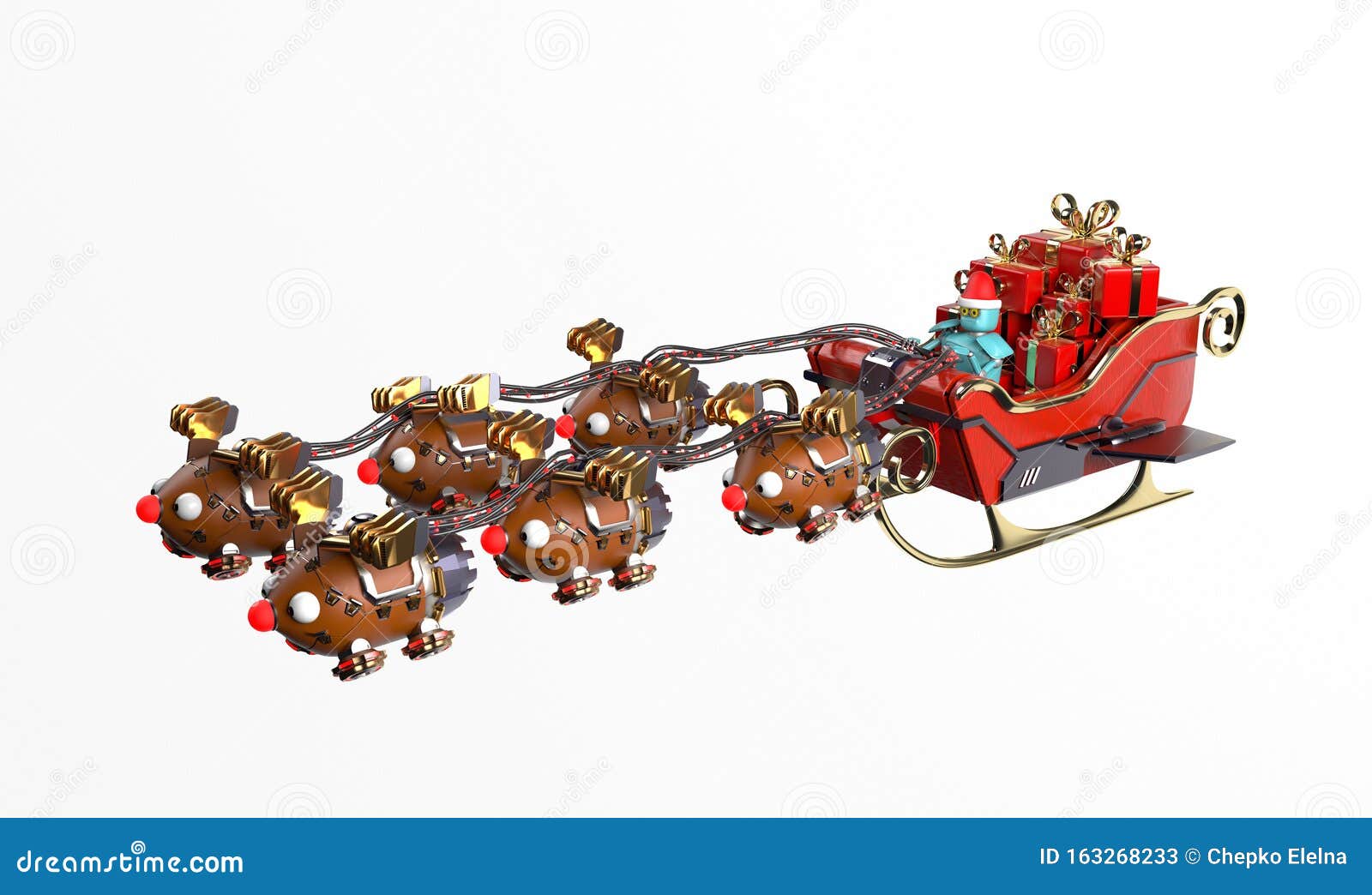 Christmas Sleigh with Six Deer Robots.3d Render Stock Illustration ...