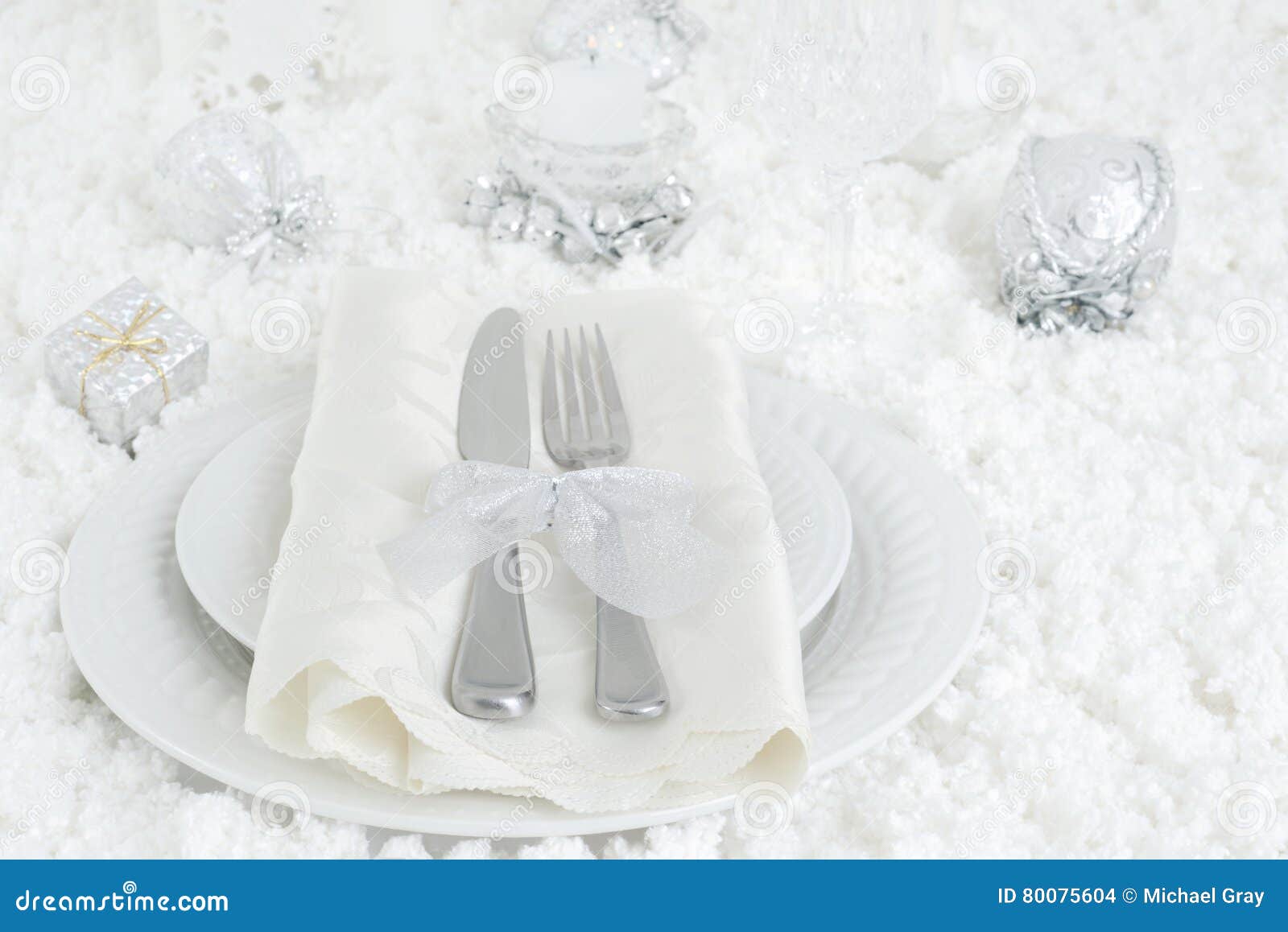 Christmas Snow Dinner Table Setting Stock Photo - Image of beverage ...
