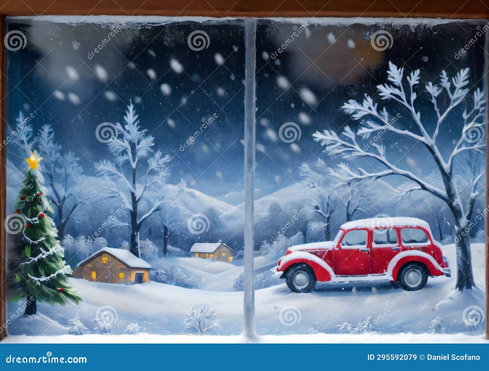 A Christmas Snow Scene Painted on a Window, with Real Snow Falling ...