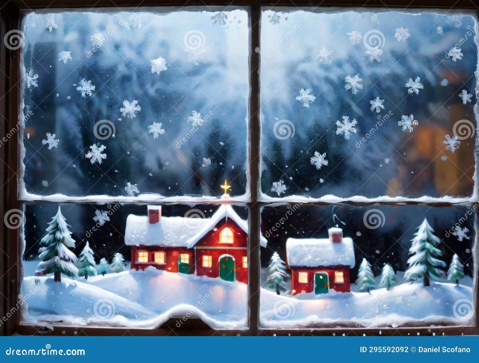 A Christmas Snow Scene Painted on a Window, with Real Snow Falling ...