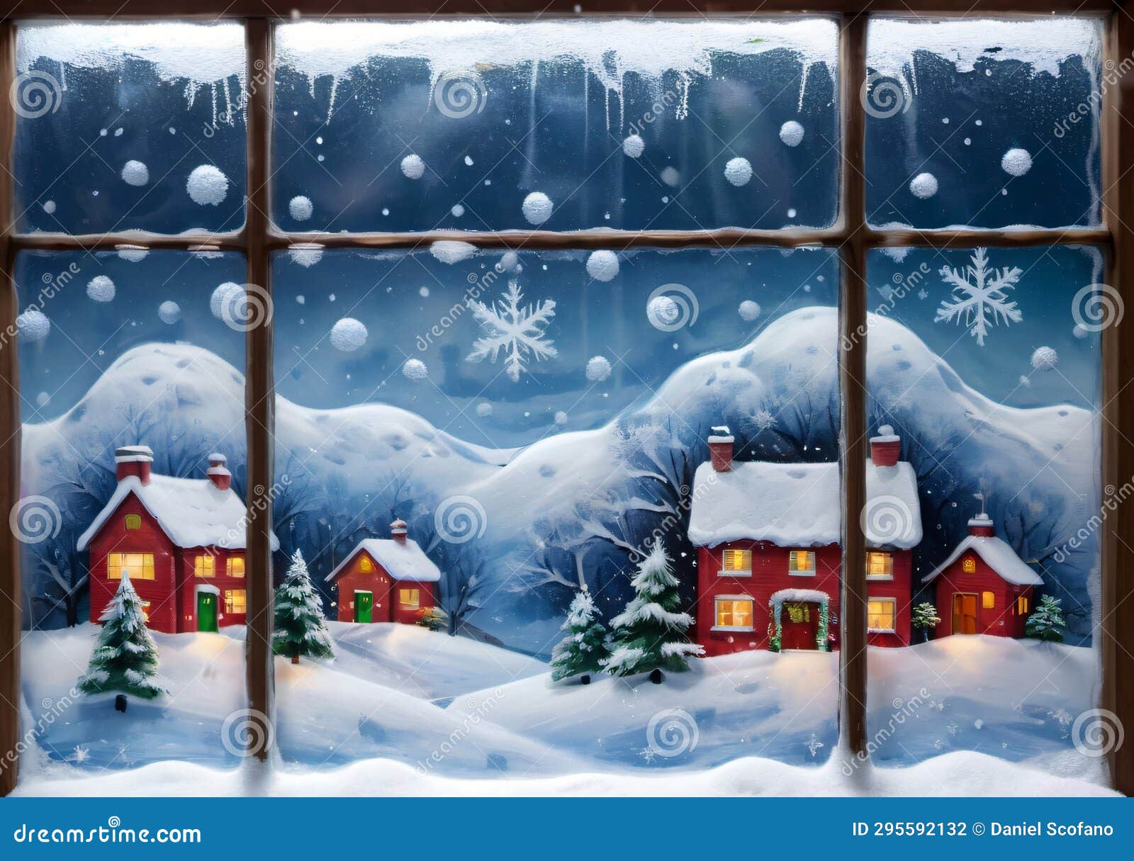 A Christmas Snow Scene Painted on a Window, with Real Snow Falling ...