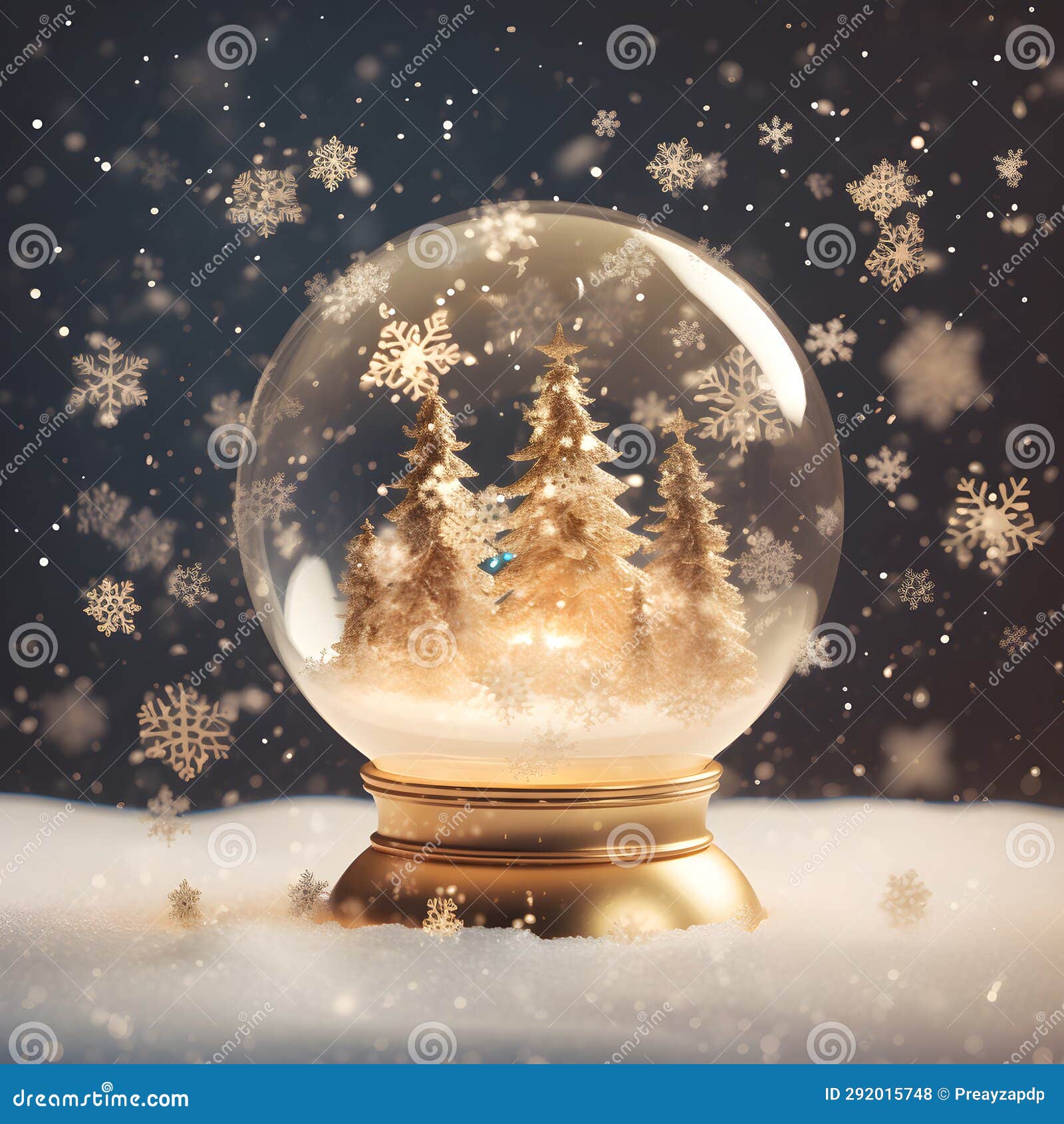 Christmas Snowball Globe with Gold Christmas Tree and Gold Snow Flakes ...