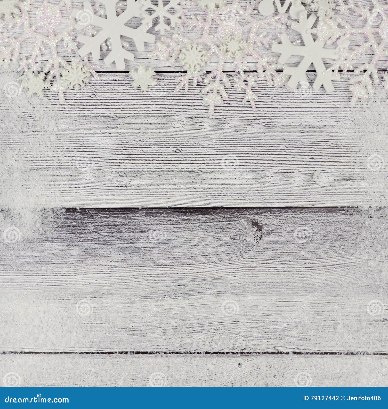 Christmas Snowflake Top Border with Snow Frame on White Wood Stock ...
