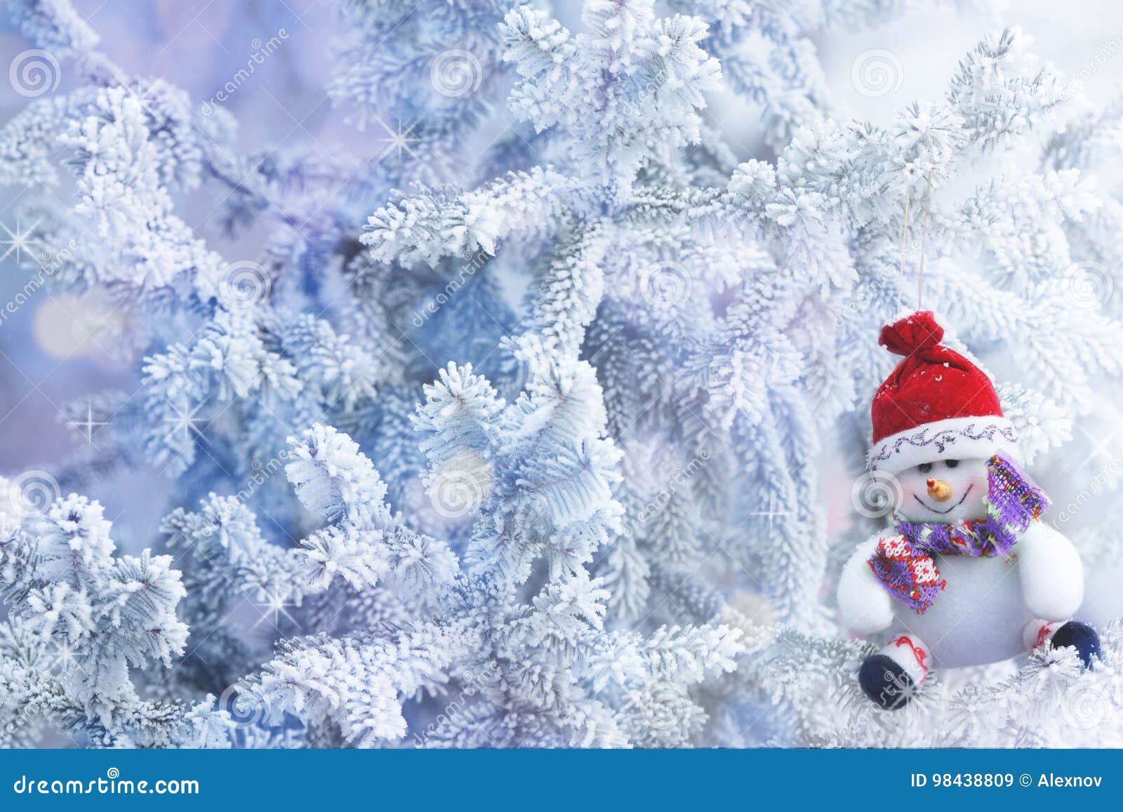 Christmas Snowman Hanging on a Snow Tree Branch Stock Image - Image of ...