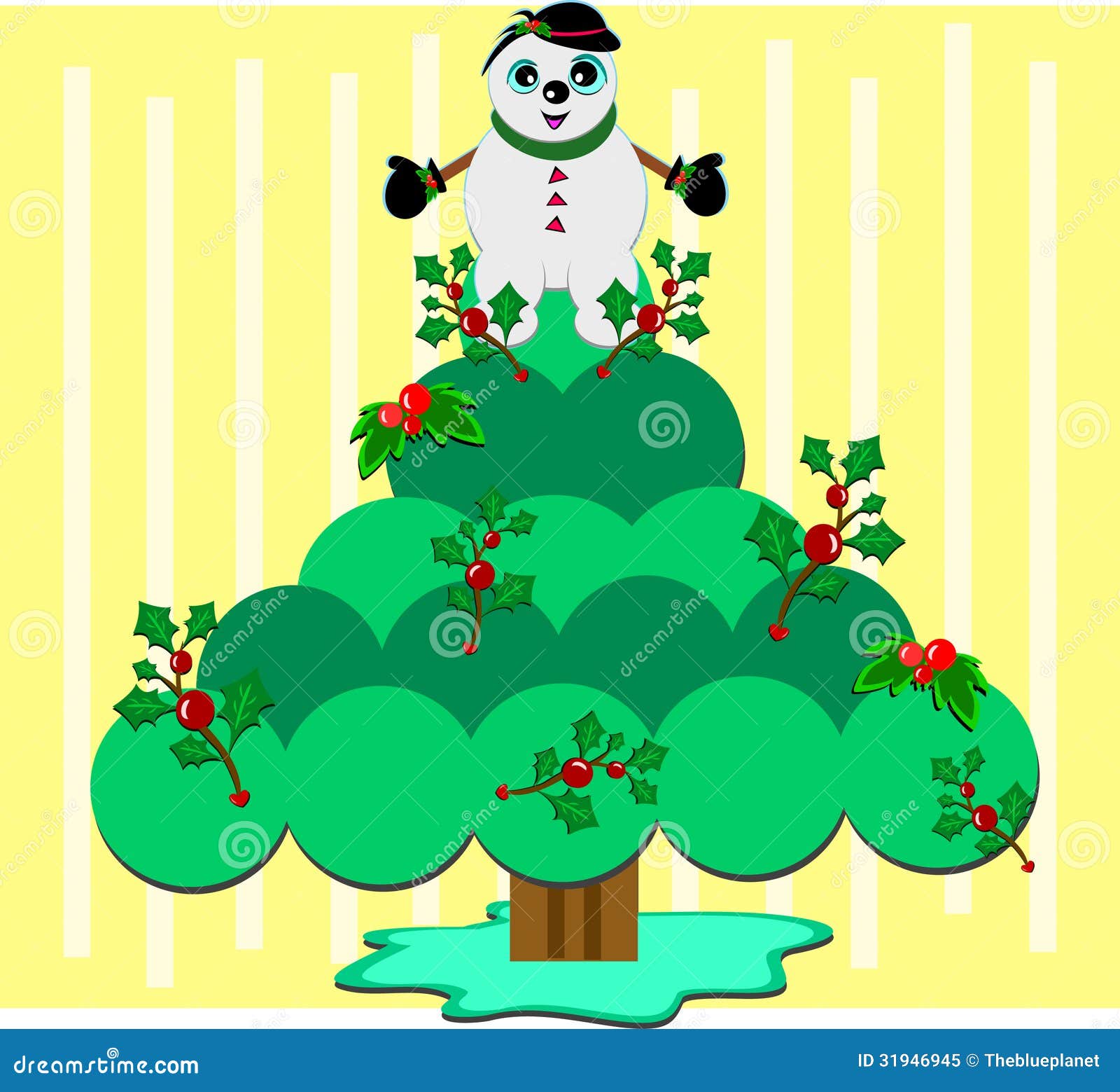 Christmas Snowman on Holly Tree Stock Vector - Illustration of pattern ...