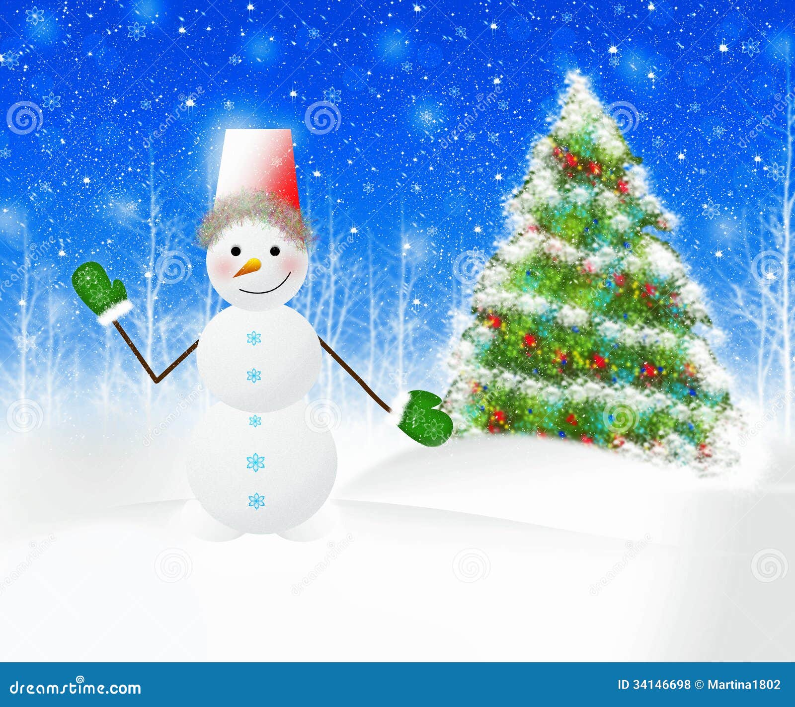 Christmas Snowman Scene with Trees Covered in Snow Stock Illustration ...