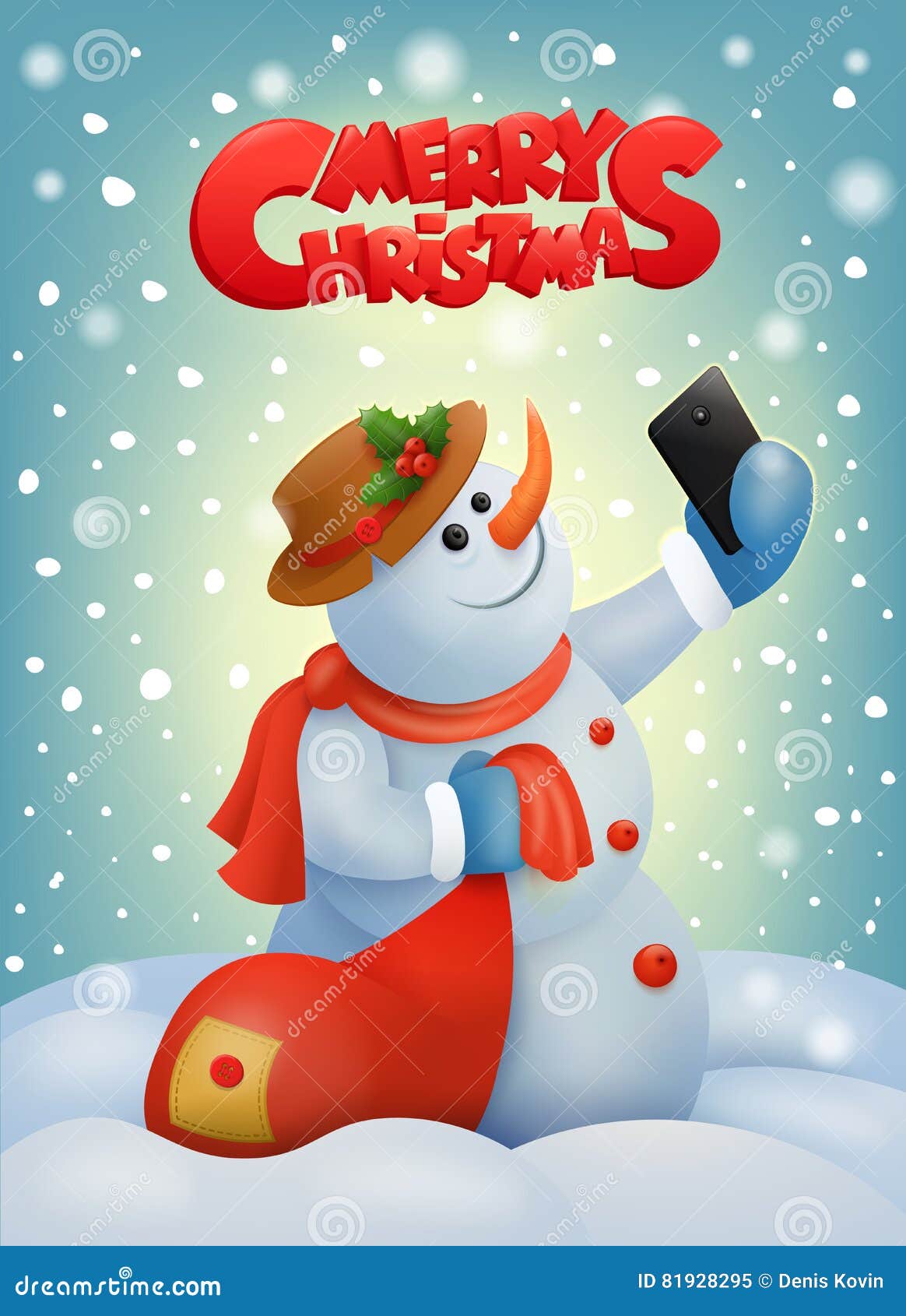Christmas Snowman with Smart Phone Making Selfie Stock Illustration ...