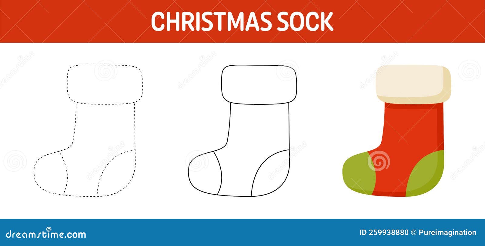 Christmas Sock Tracing and Coloring Worksheet for Kids Stock Vector ...