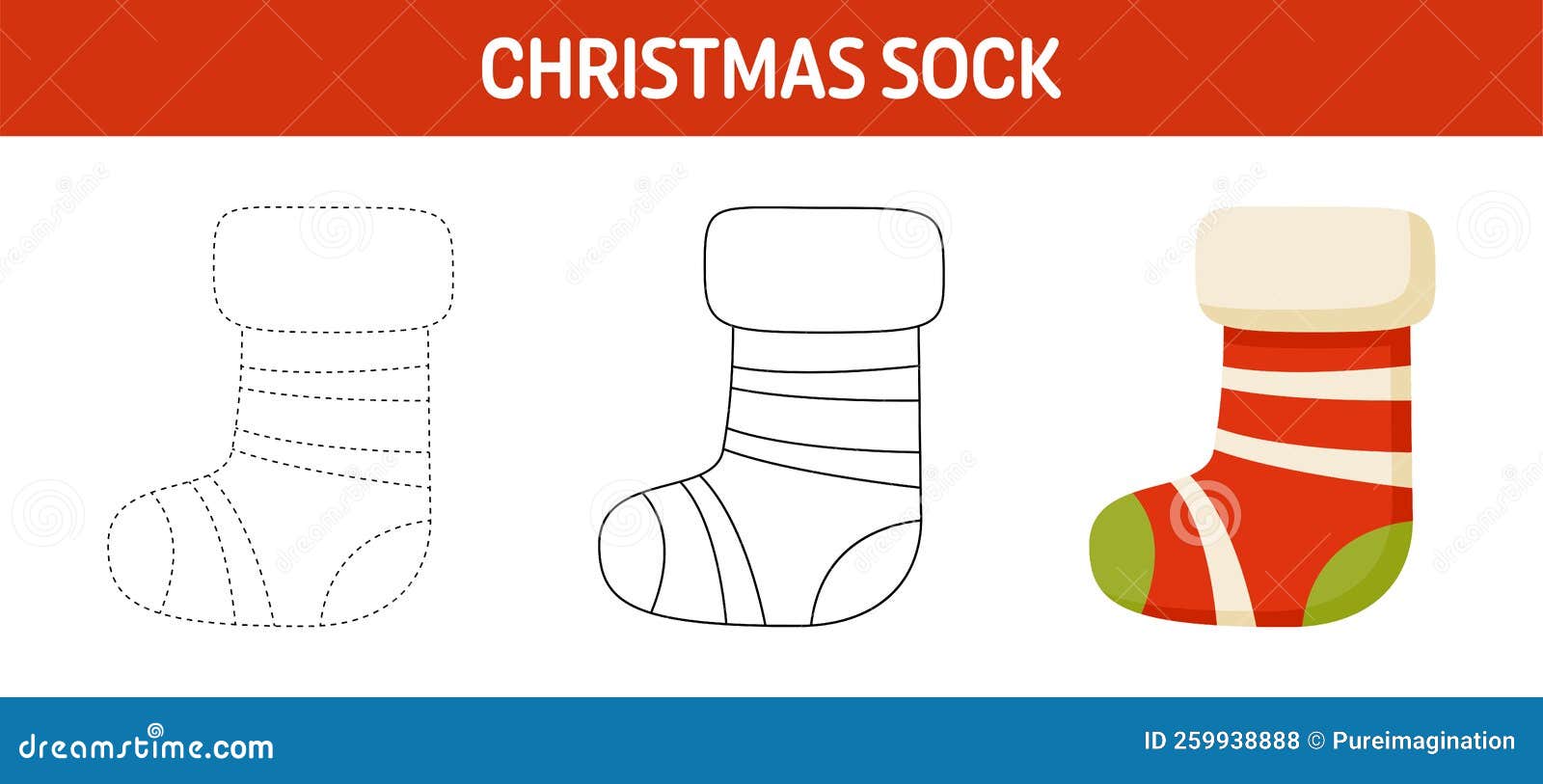 Christmas Sock Tracing and Coloring Worksheet for Kids Stock Vector ...