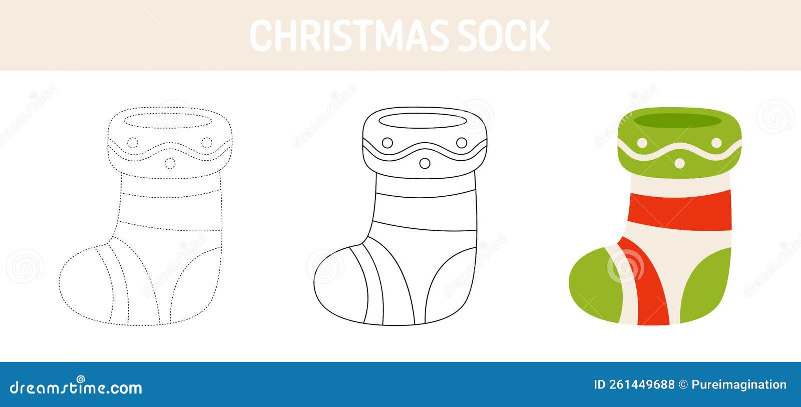 Christmas Sock Tracing and Coloring Worksheet for Kids Stock Vector ...