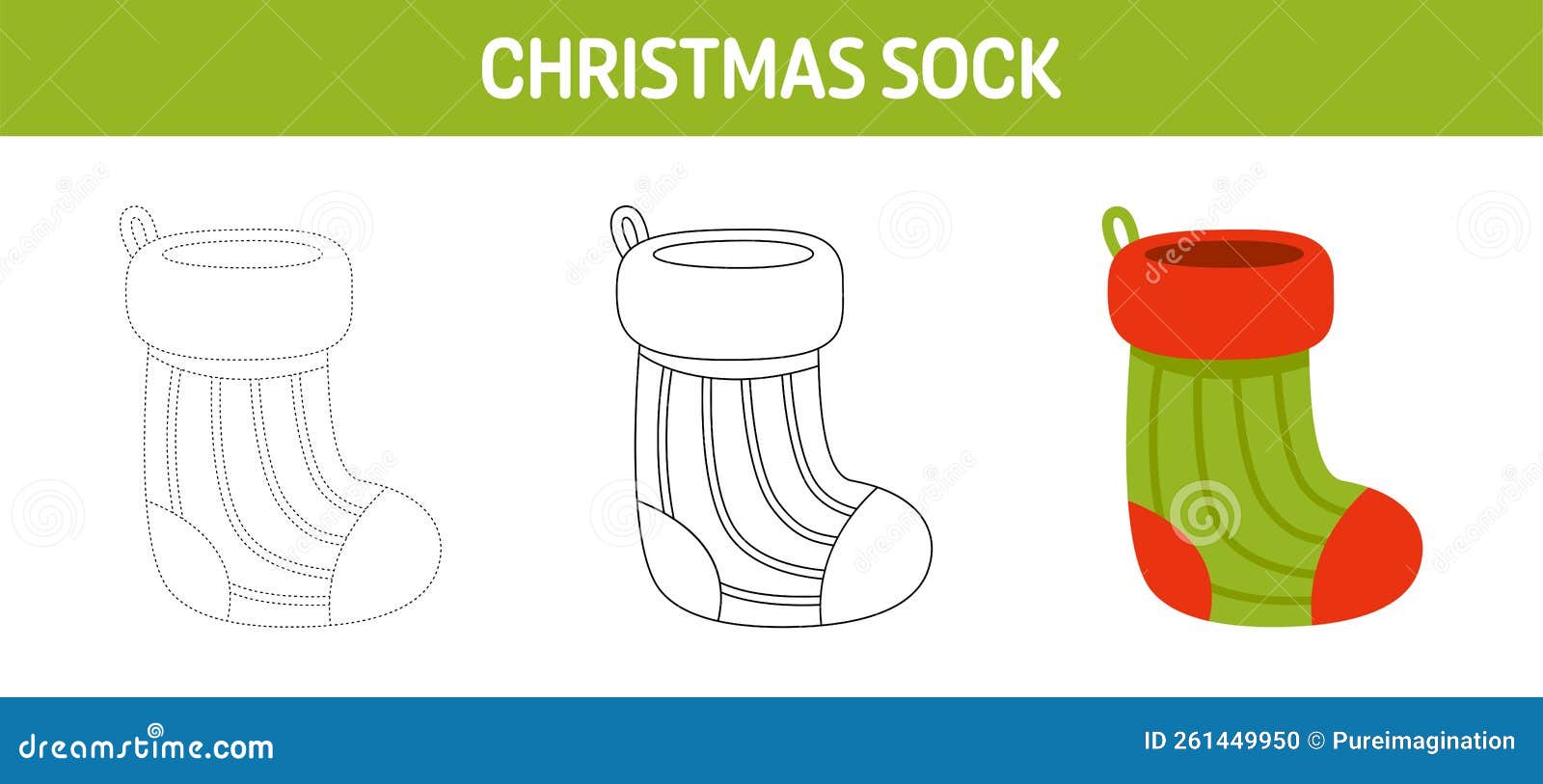 Christmas Sock Tracing and Coloring Worksheet for Kids Stock Vector ...