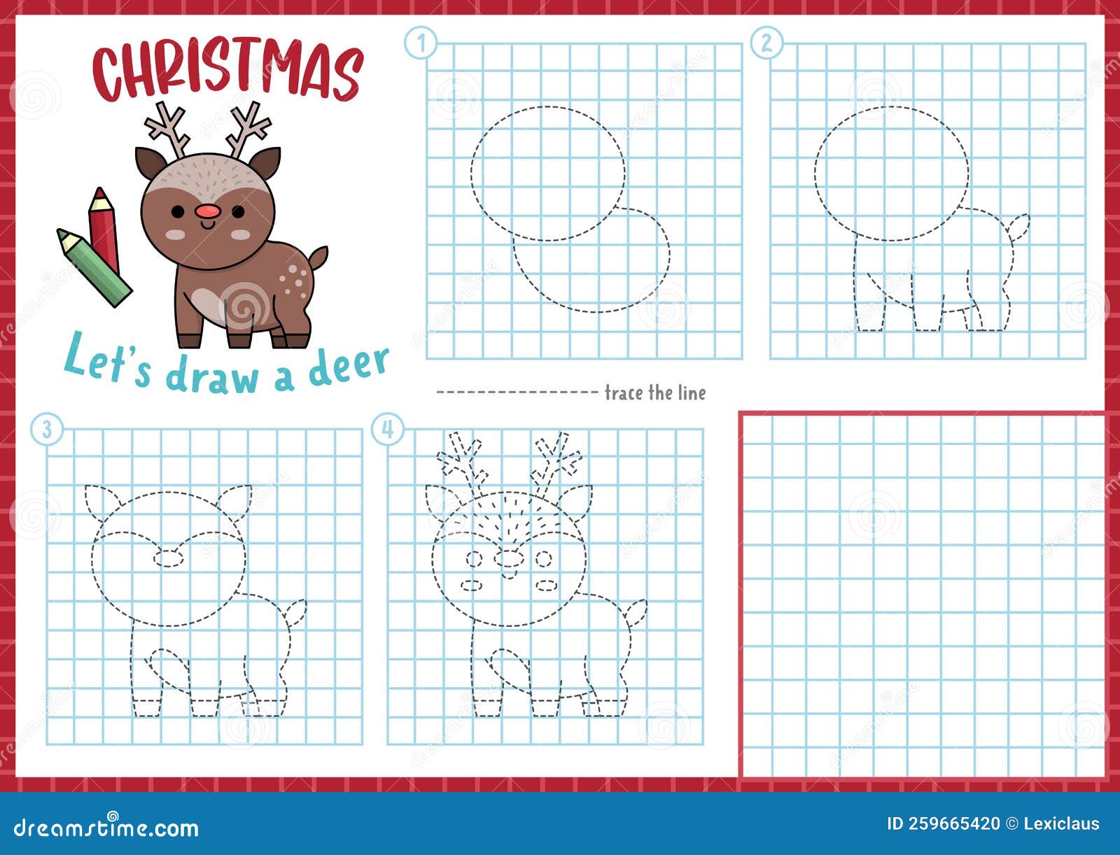 Christmas Step by Step Drawing Worksheet. How To Draw a Deer. Complete ...