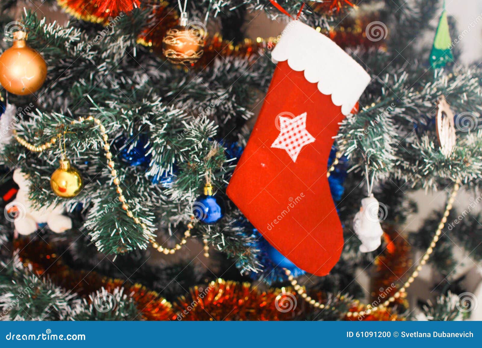 Christmas Stocking on Christmas Tree Stock Photo - Image of seasonal ...