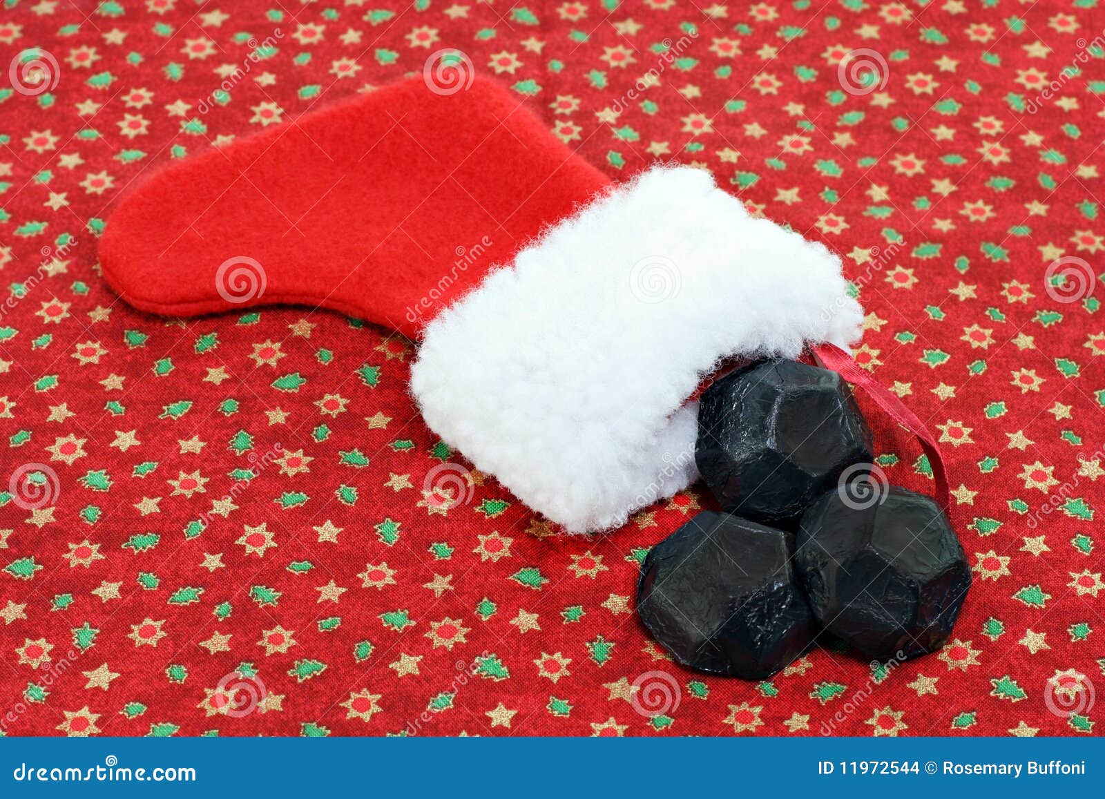 Christmas Stocking with Coal Stock Photo - Image of tablecloth, objects ...