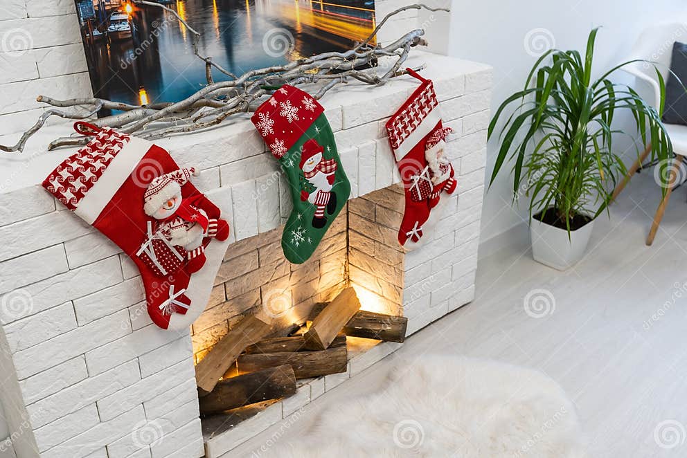 Christmas Stocking on Fireplace Background. Stock Photo - Image of ...